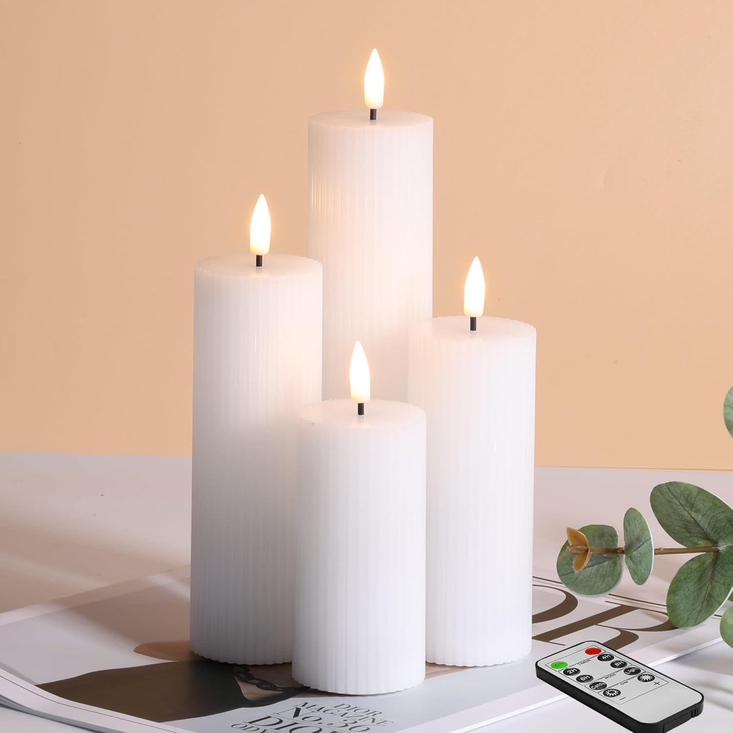 White Ribbed Flameless Pillar Candles with Remote, Real Wax Slim Tall ...