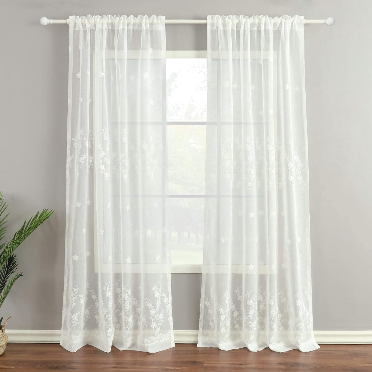 White Rod Pocket Sheer Curtains 96 inches Length, Embroidered Window ...