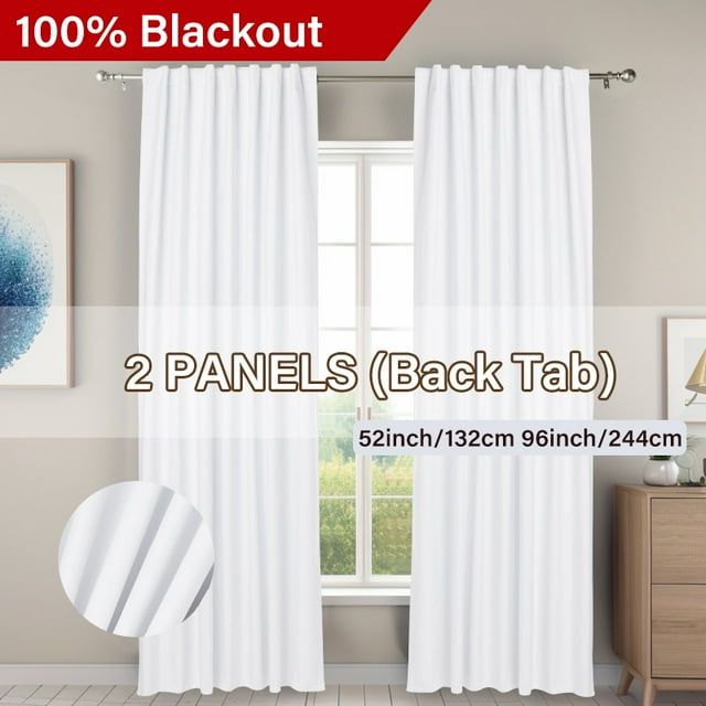 White Room Darkening Blackout Curtains with Back Tab Hanging Loops, 52 ...