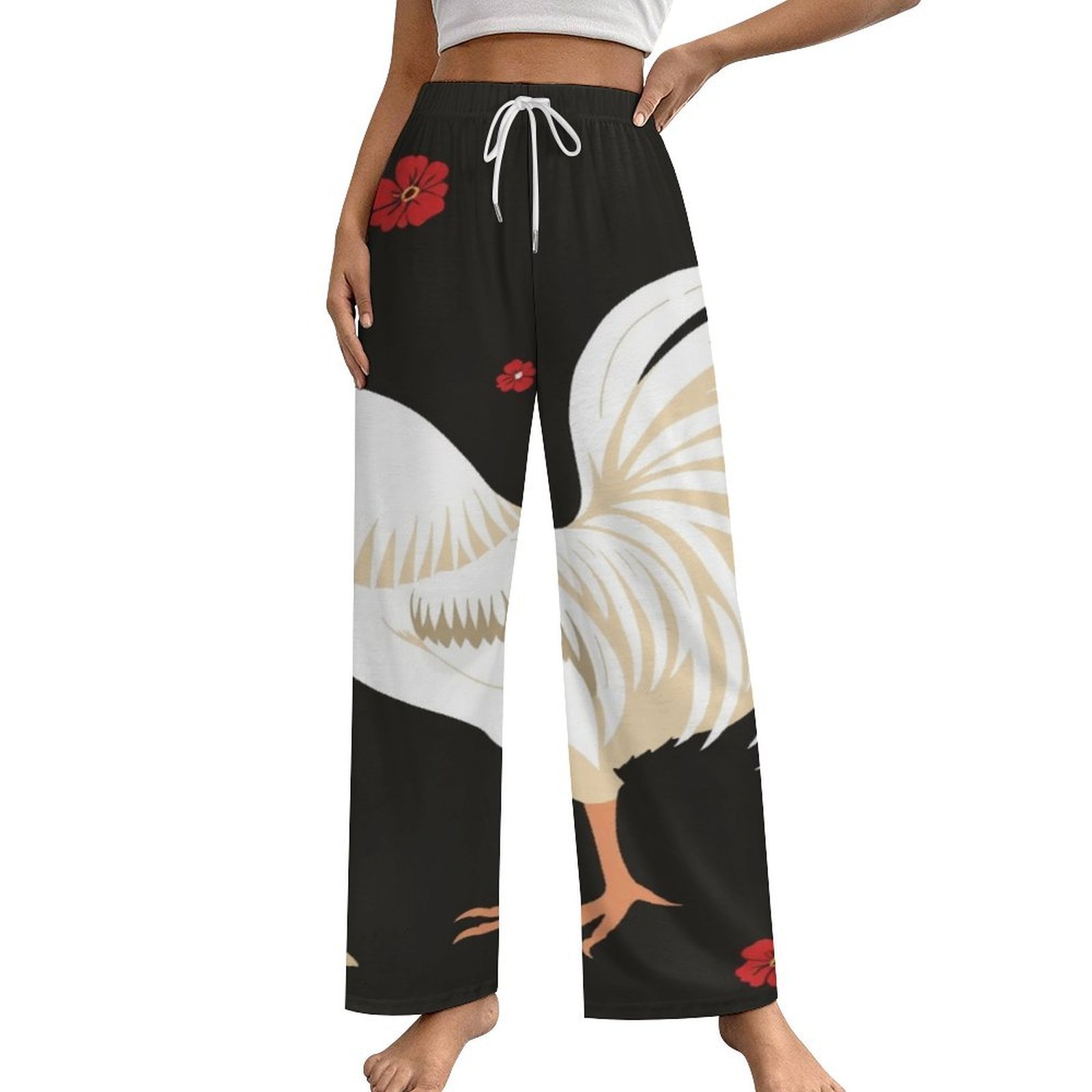 White Rooster Red Flowers Black Background Women's Pajama Pants ...