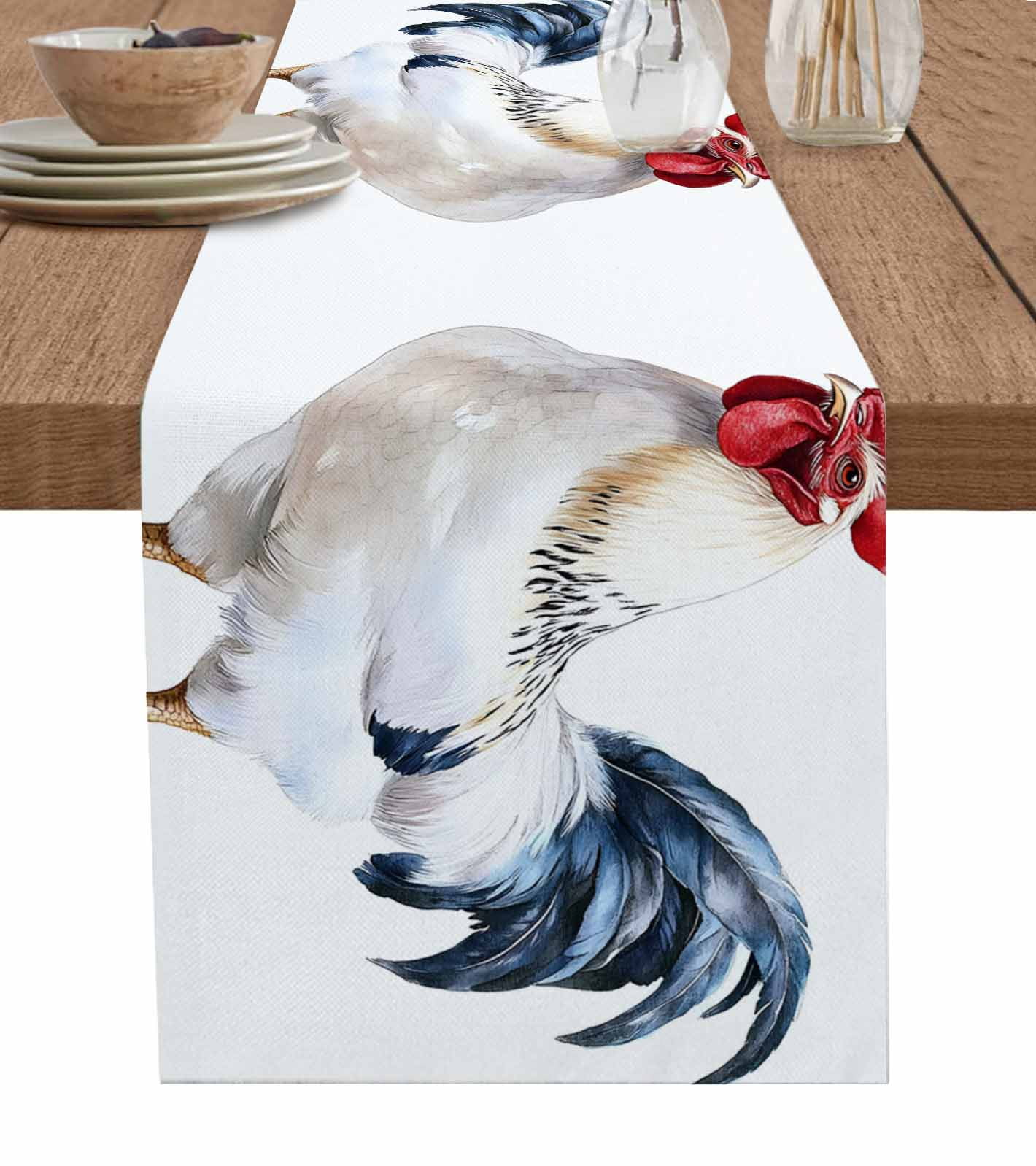 White Rooster Table Runner 60 Inches, Vintage Farmhouse Animals Bed Runner Dresser Scarves ...