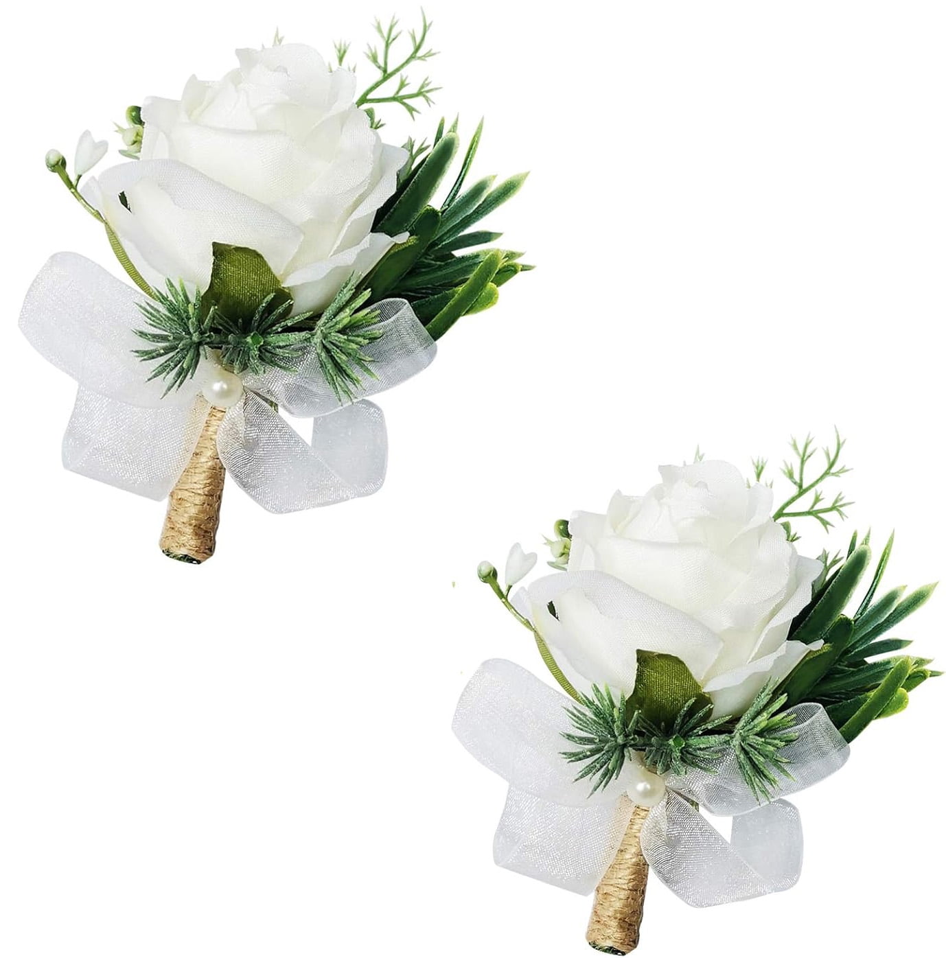 White Rose Boutonniere for Men Wedding,Happon 2 Pack Wedding Flower ...