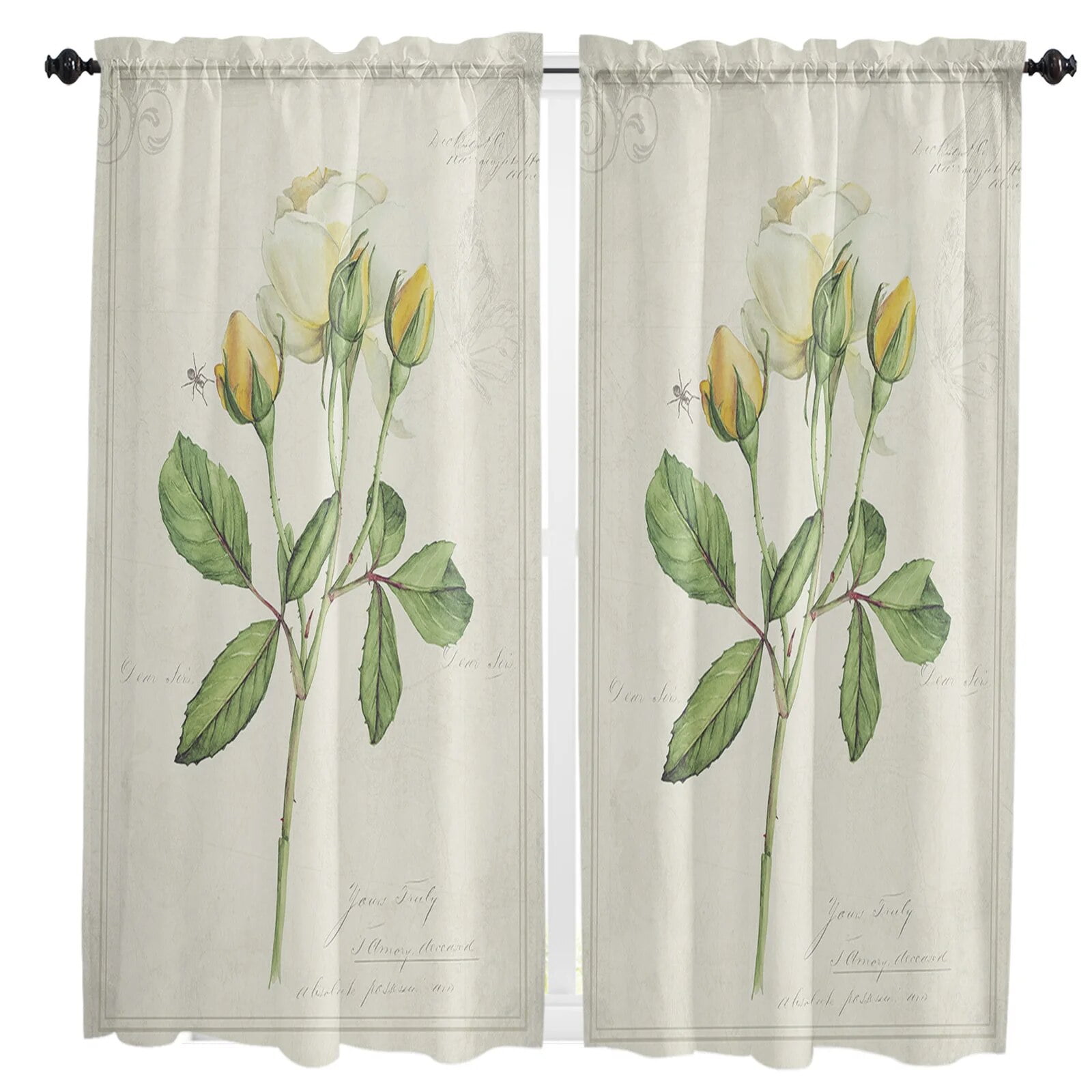White Rose Butterfly Retro Small Curtain Rod Pocket Short Curtains Half ...