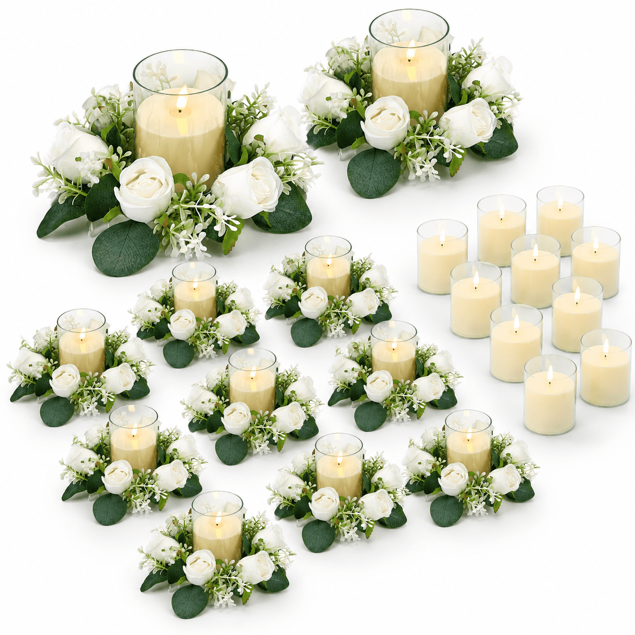 White Rose Candle Rings Withless Candles Sets - 24artificial Flower ...