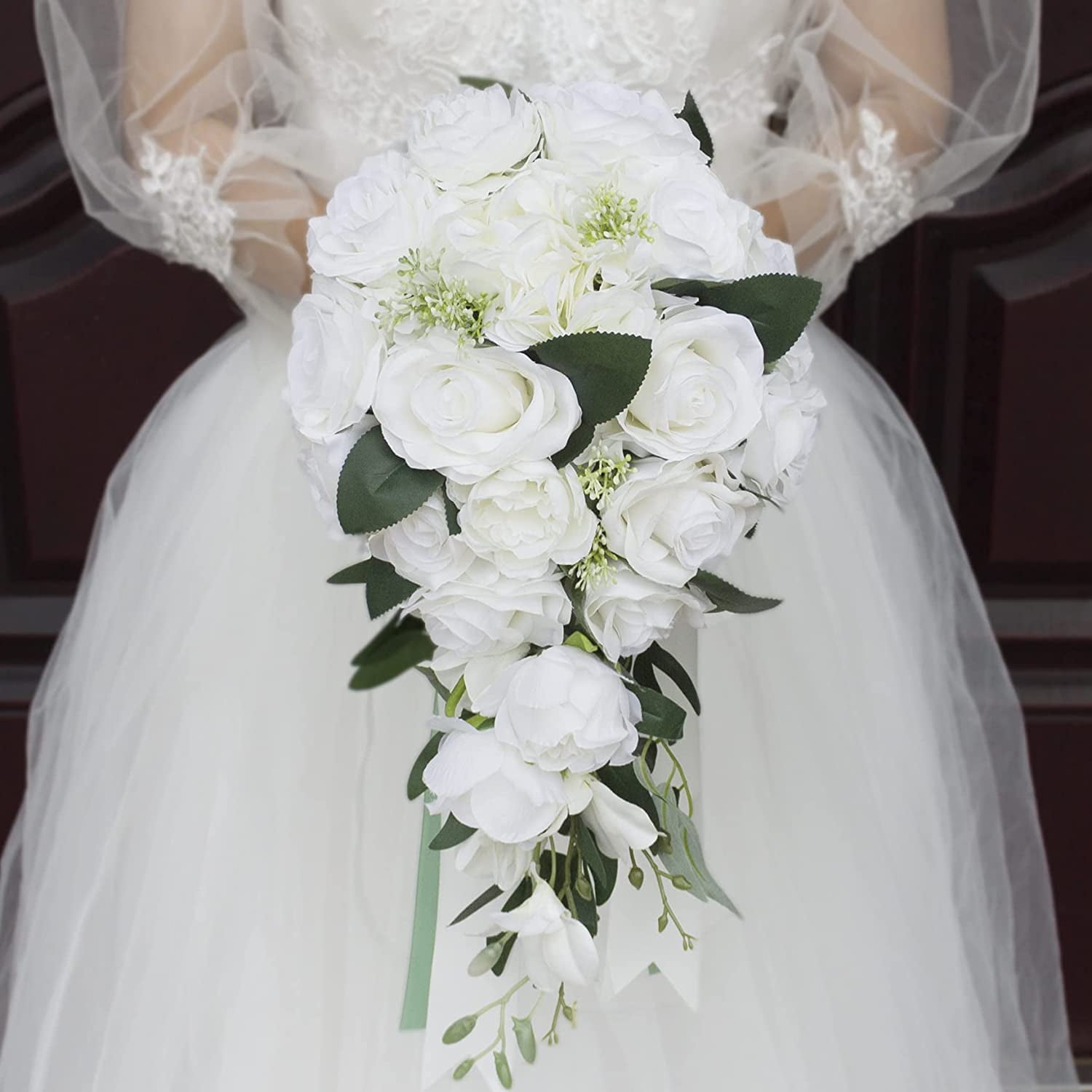 White Rose Cascading Bridal Bouquet - Waterfall Wedding Flower with ...