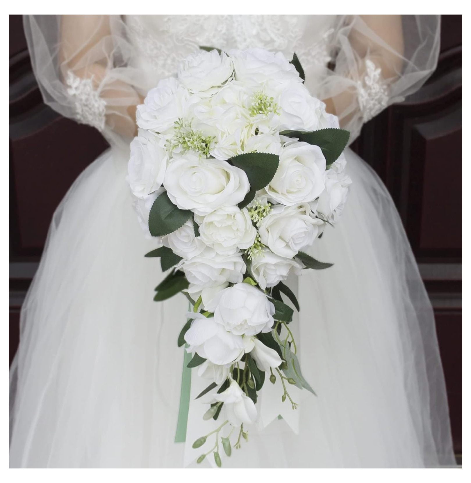 White Rose Cascading Bridal Bouquet - Waterfall Wedding Flower with Baby Breath Green Leaves ...