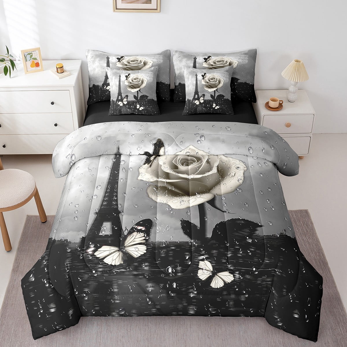 White Rose Comforter Set, Vintage Rose Flower Full Bedding Sets, Eiffel ...