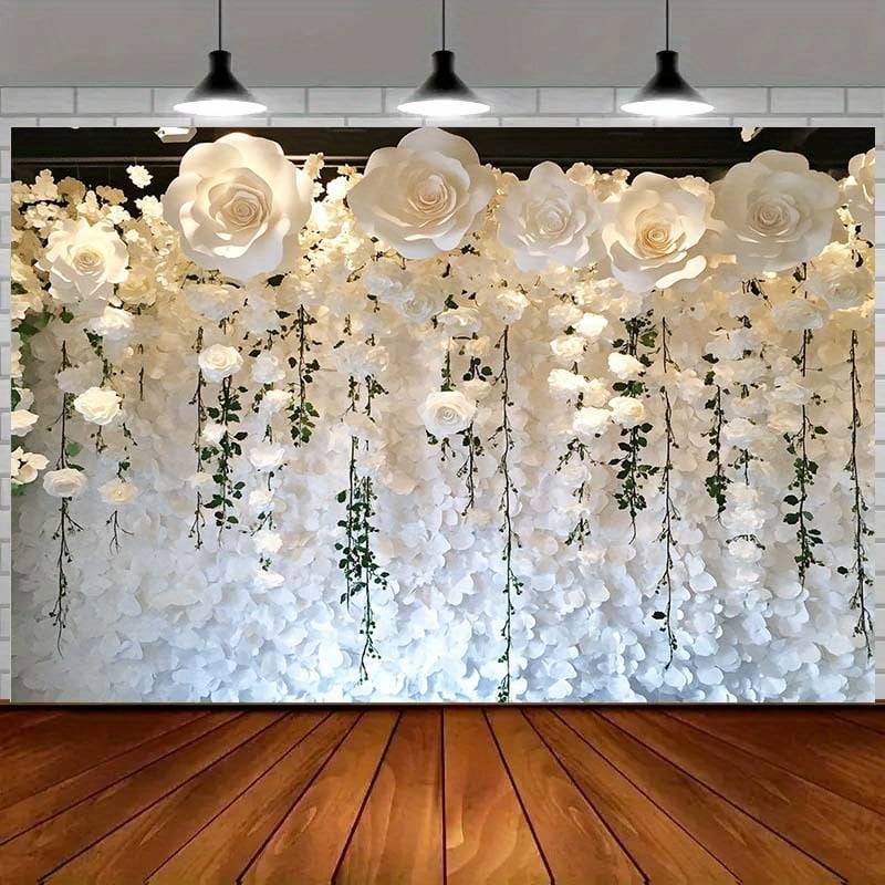 White Rose Floral Wall Backdrop Greenery Wooden Floor Photography ...