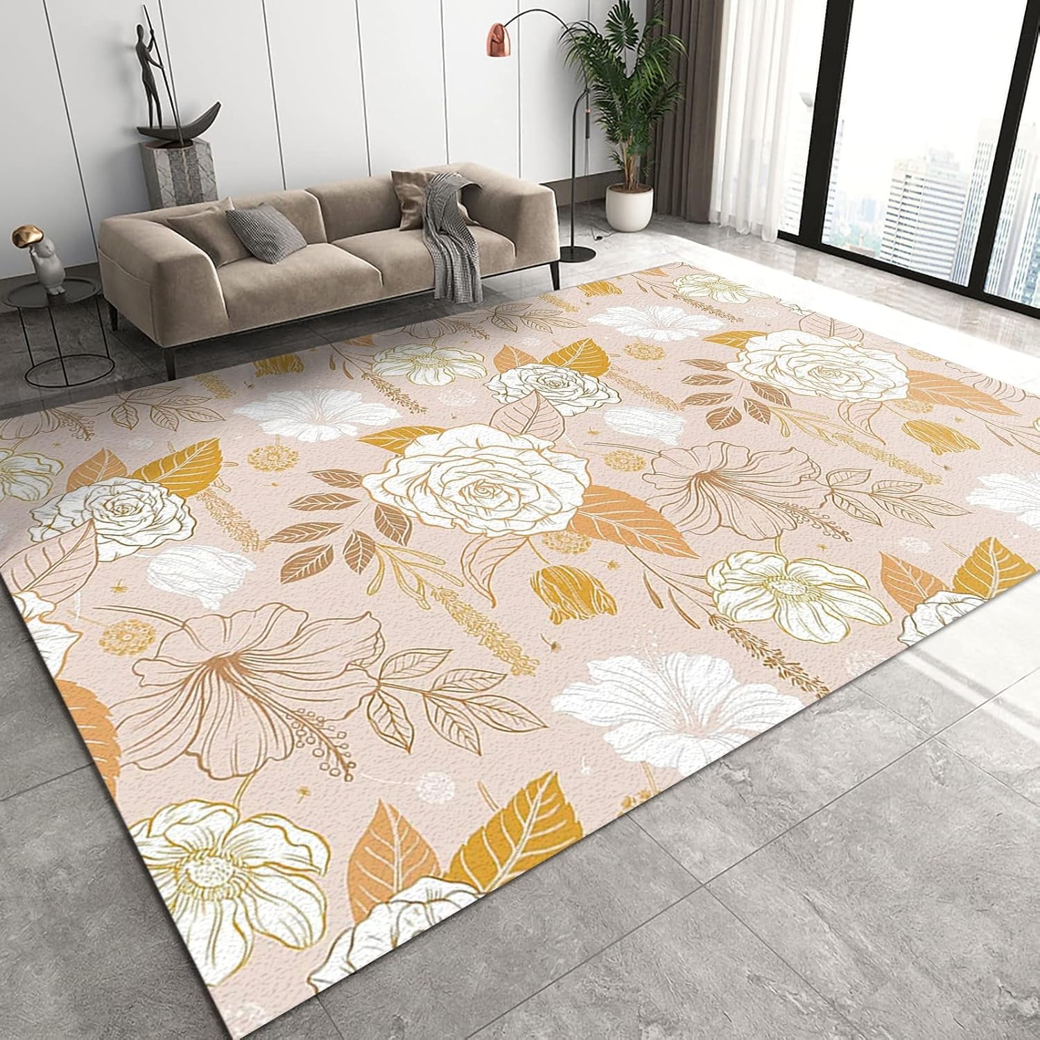 White Rose Flower Area Rugs, Pink Plant Apartment Carpet, Washable Rug ...
