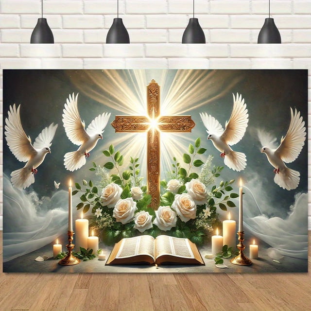 White Rose God Bless Backdrop First Holy Communion Baptism Baby Shower ...
