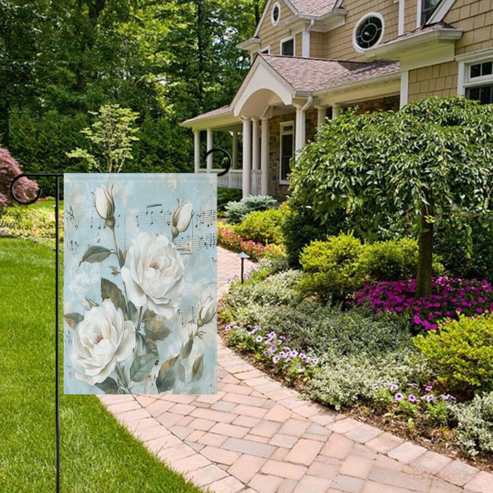 White Rose Music Notes Garden Flag Double Sided 12 x 18 Inch Outside ...