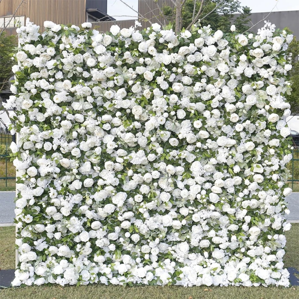 White Rose Peony Greenery Cloth 5D Flower Wall Roll Up Fabric Hanging Curtain Plant Wall Event ...