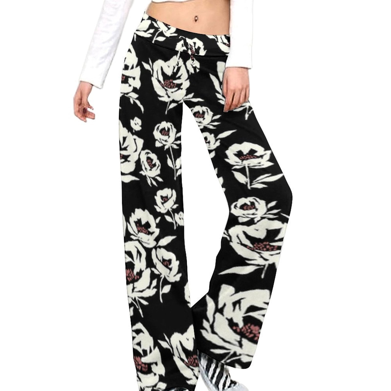 White Roses Black Background Pattern Summer Outfits Flowy Palazzo Pants ...