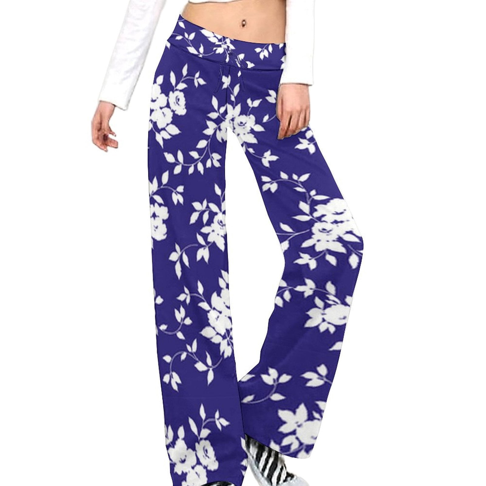 White Roses Blue Background Floral Pattern Summer Outfits Flowy Palazzo ...