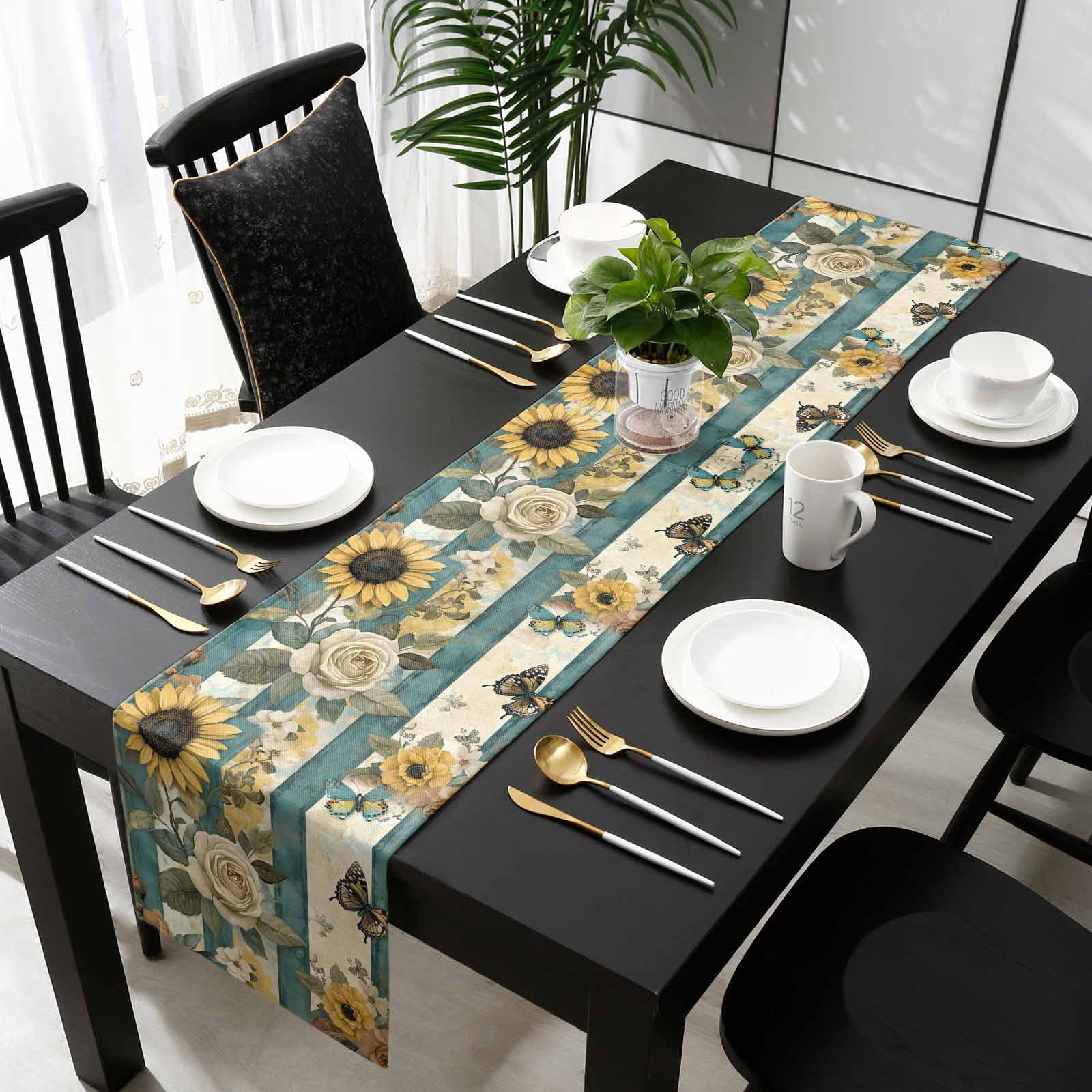 White Roses Cotton Linen Table Runner 16 x 72 inch Sunflower Spring ...