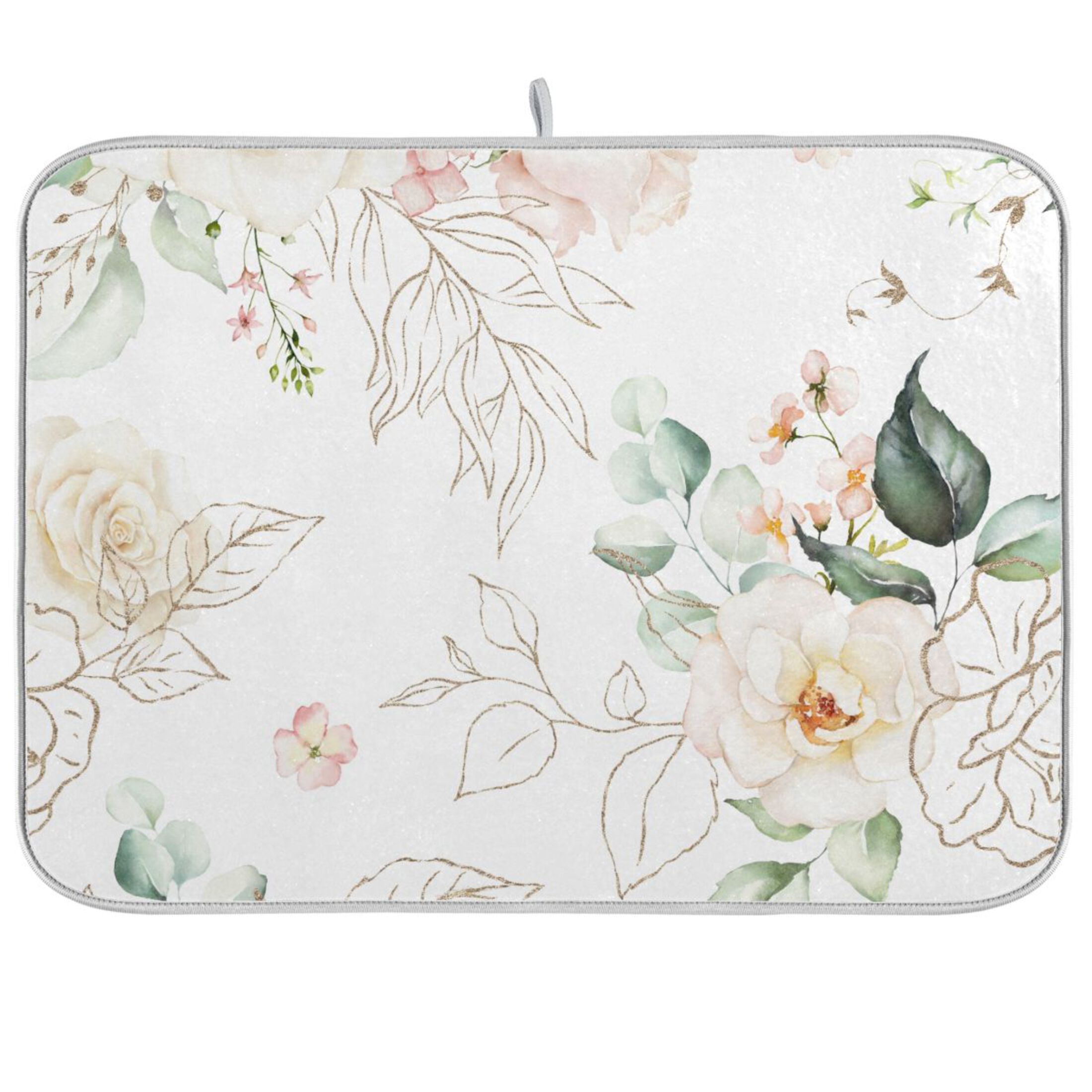 White Roses Flowers and Leaves Dish Drying Mat Microfiber Kitchen Mats ...
