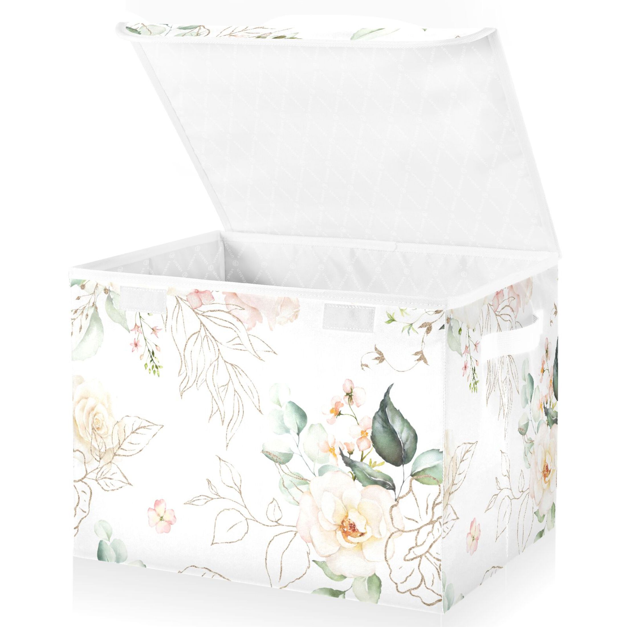 White Roses Flowers and Leaves Large Lidded Bin Foldable Storage ...