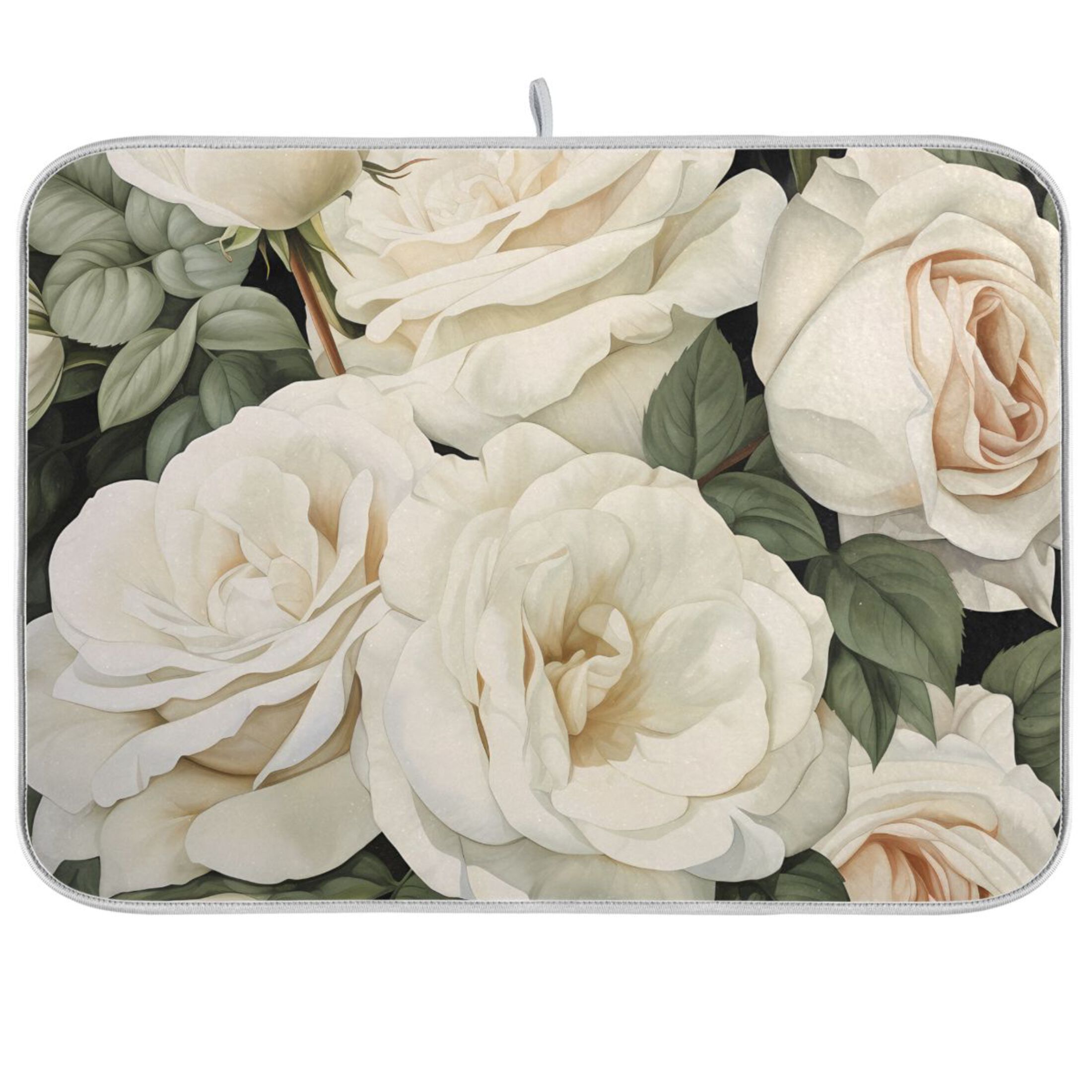 White Roses Flowers with Leaves Dish Drying Mat Microfiber Kitchen Mats ...