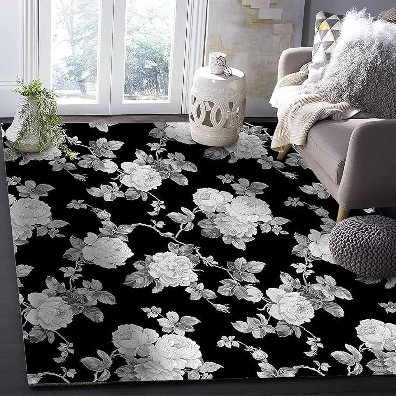 White Roses Watercolor Area Rugs, Floral Black Backdrop Indoor Non-Slip ...