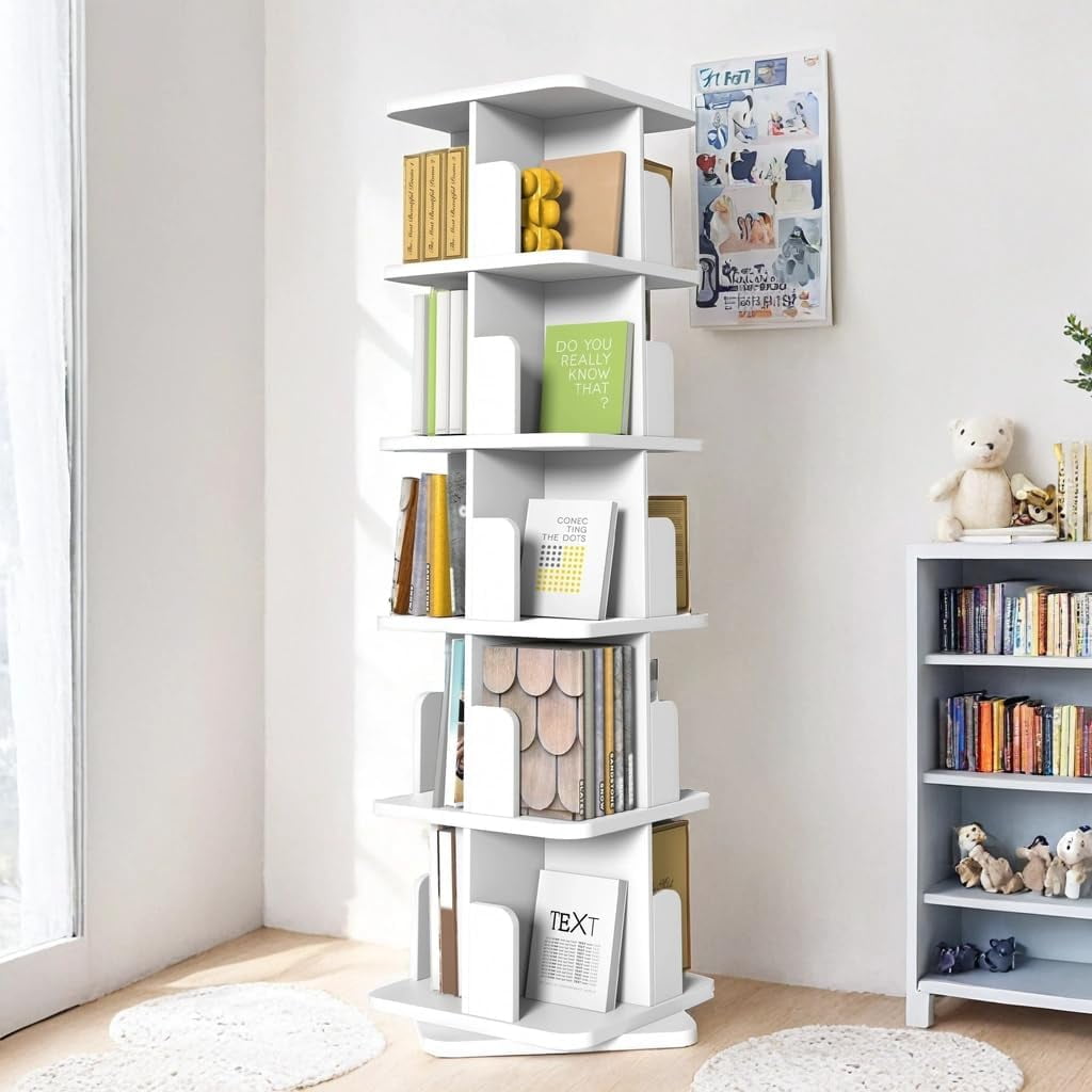White Rotating Bookshelf, 360 Display 5 Tier Rotating Bookshelf Tower ...