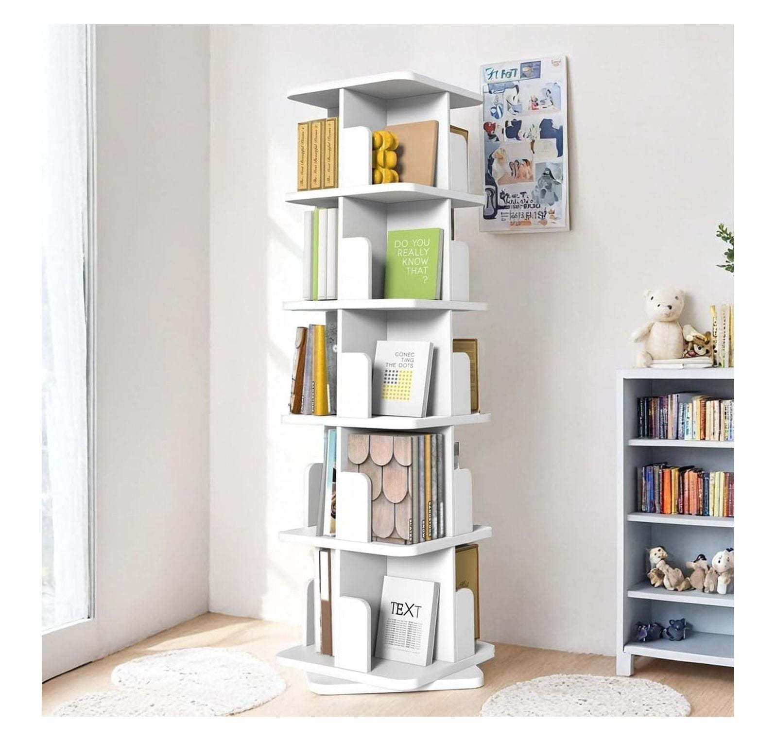 White Rotating Bookshelf, 360 Display 5 Tier Rotating Bookshelf Tower ...