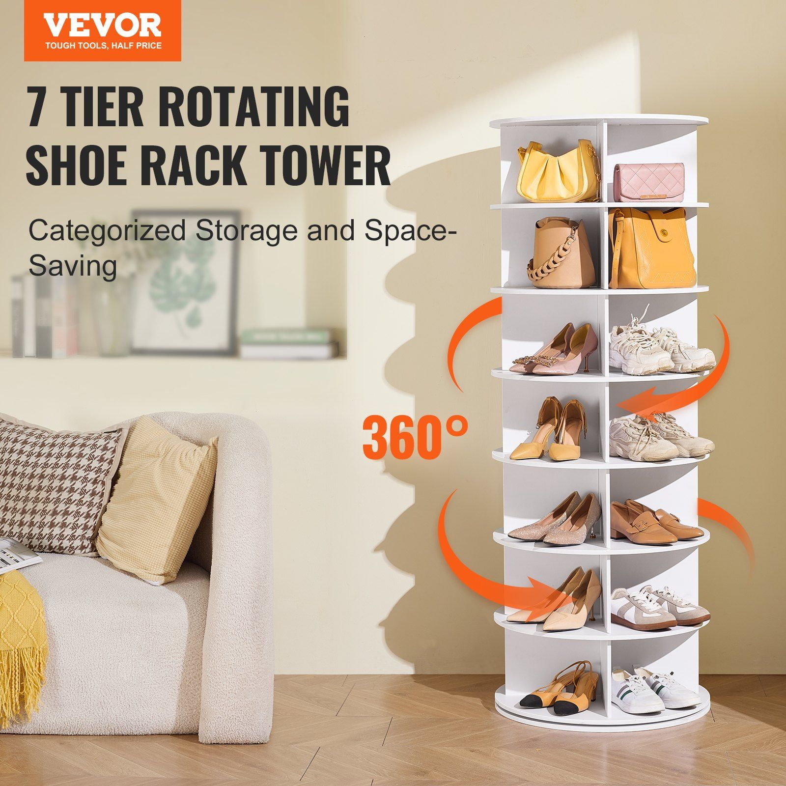 White Rotating Shoe Rack, 7-Tier 360° Spinning Shoe Display, Round Lazy ...