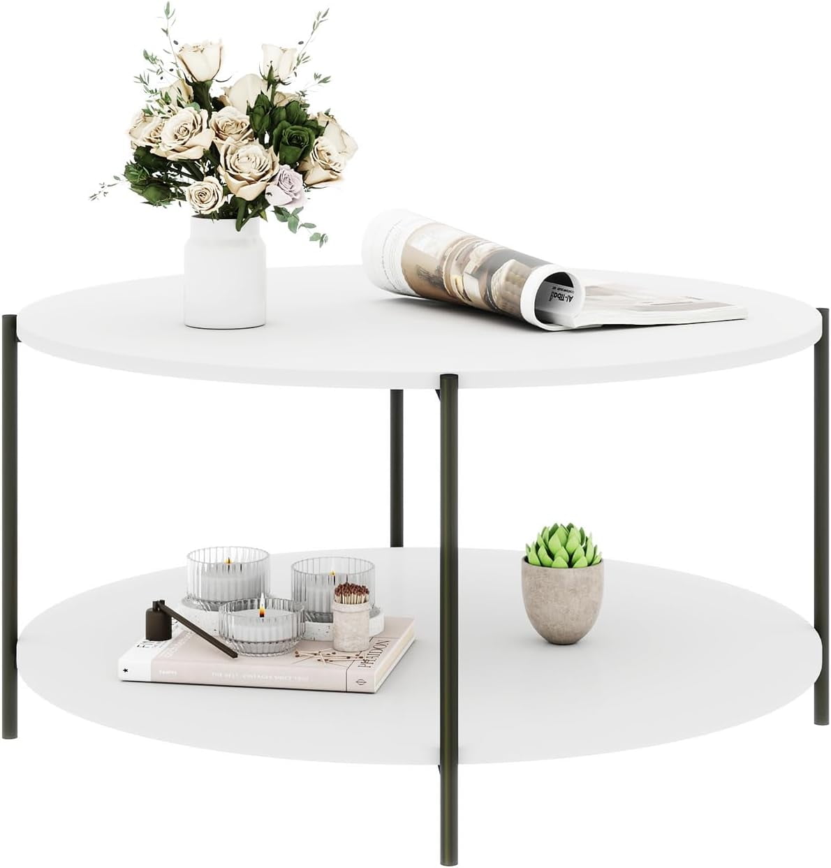 White Round Coffee Table, 2-Tier Coffee Table with Storage, Small ...