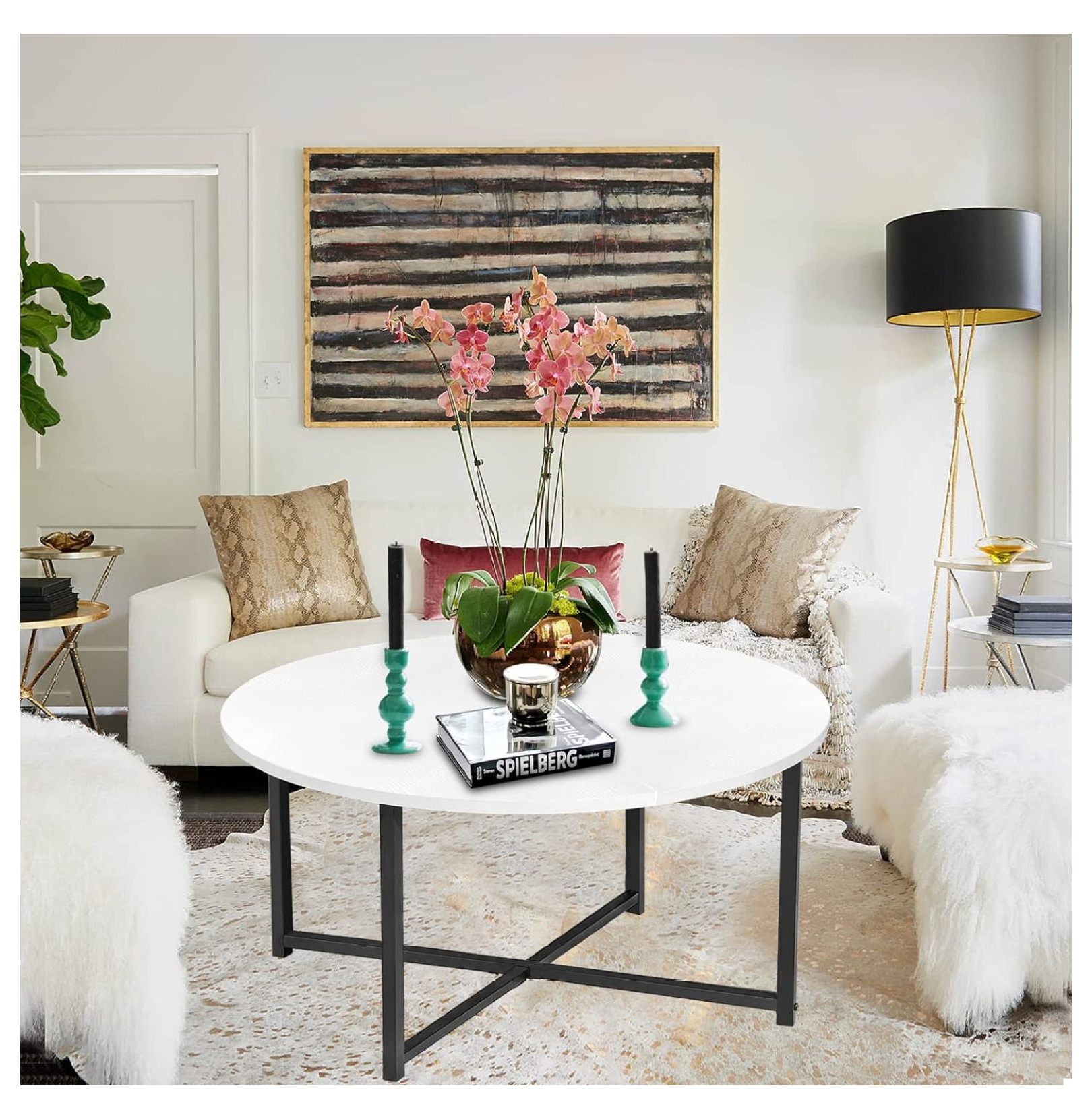 White Round Coffee Table Small Modren Circle Center Table for Living ...
