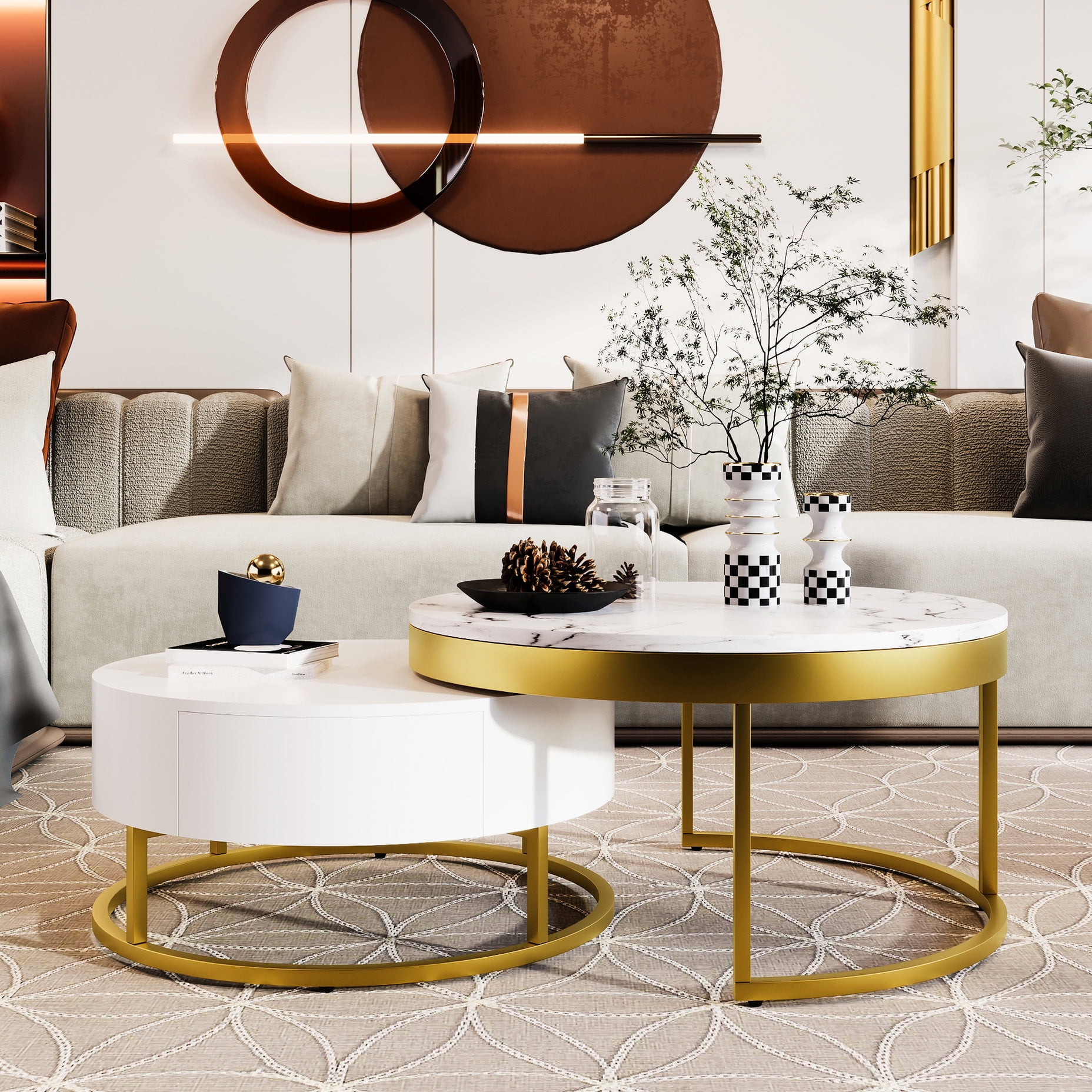 White Round Coffee Table with Drawers and Nesting | Adaptable to ...