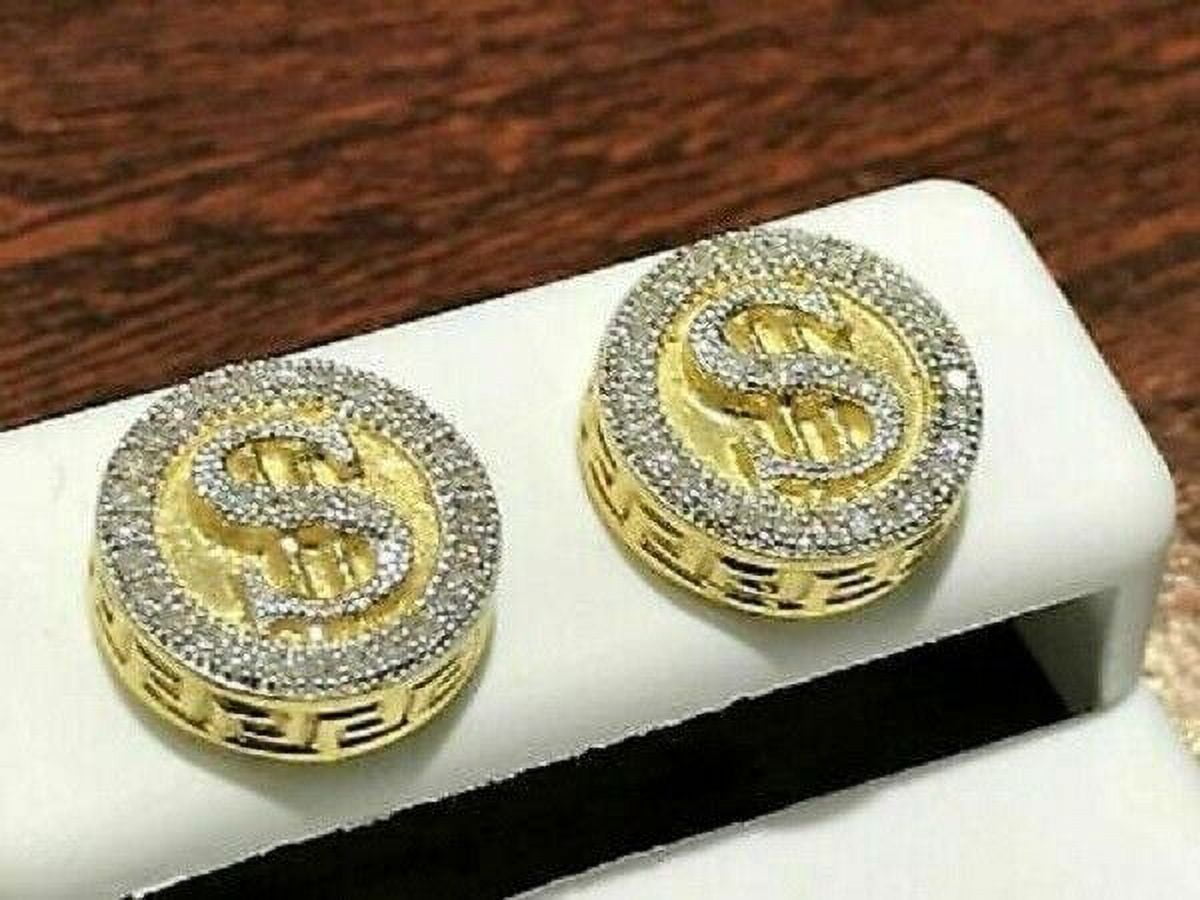 White Round Cut Diamond Stud Dollar Sign Earrings 14K Yellow Gold ...