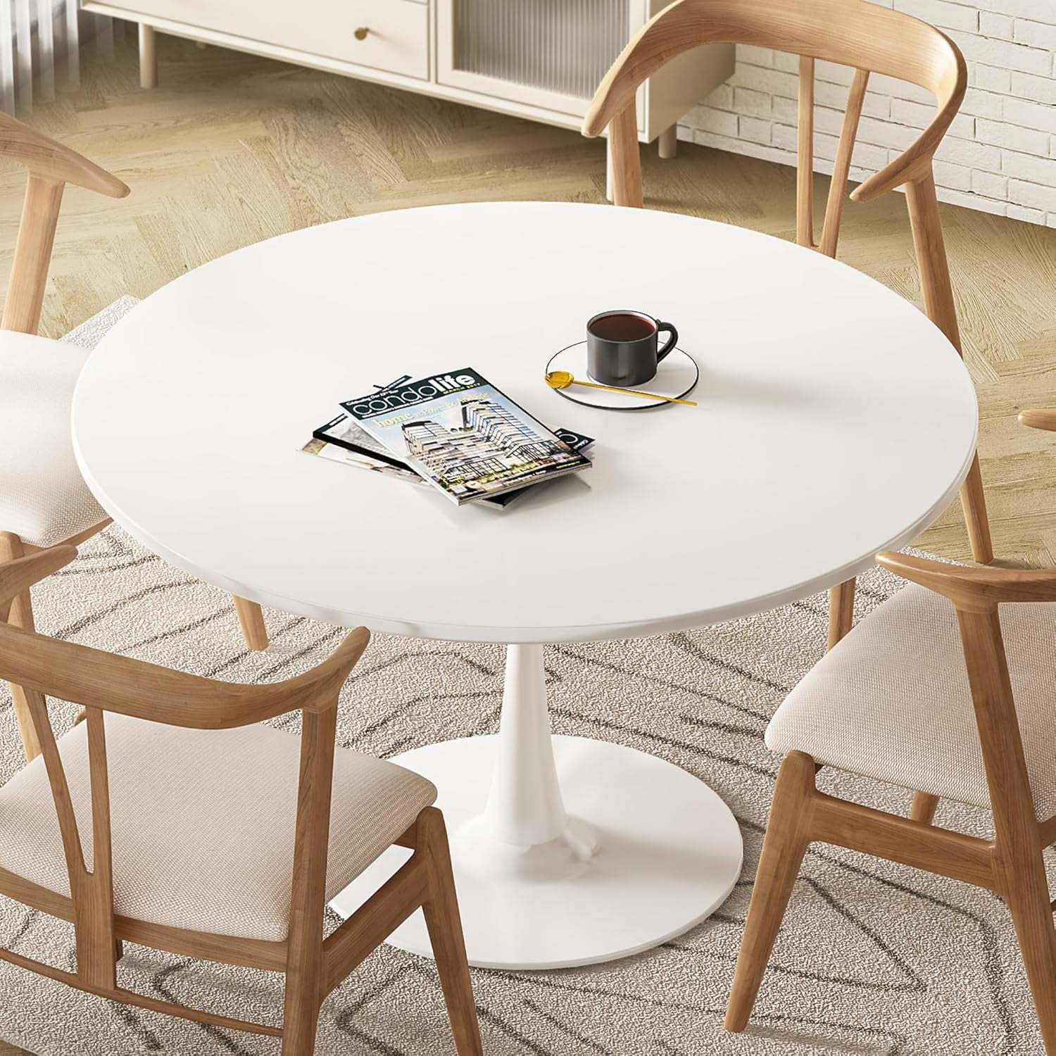 White Round Dining Table, 42.1" Tulip Table Kitchen Dining Table 4-6 ...