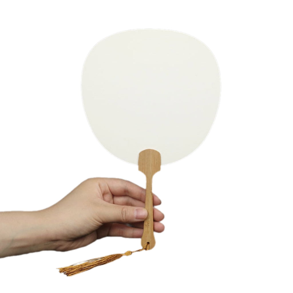 White Round Fan with Tassels DIYs Blank Fan Wood Handle Chinese Rice ...