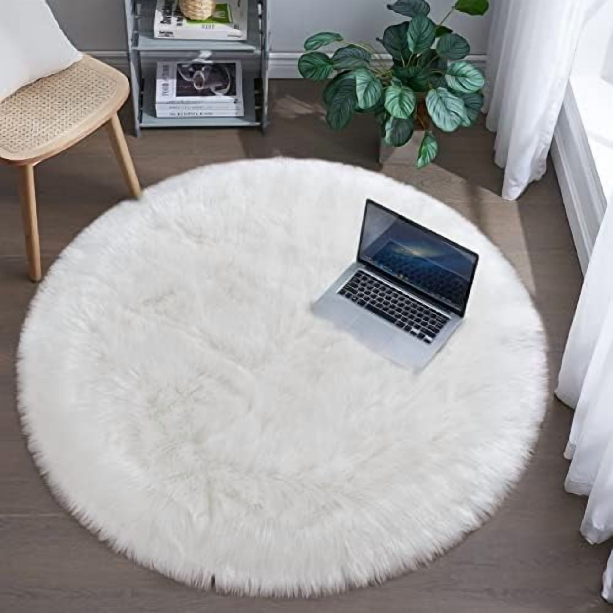 White Round Faux Fur Rugs, Sheepskin Round 3ft Soft Small Circle Rugs ...