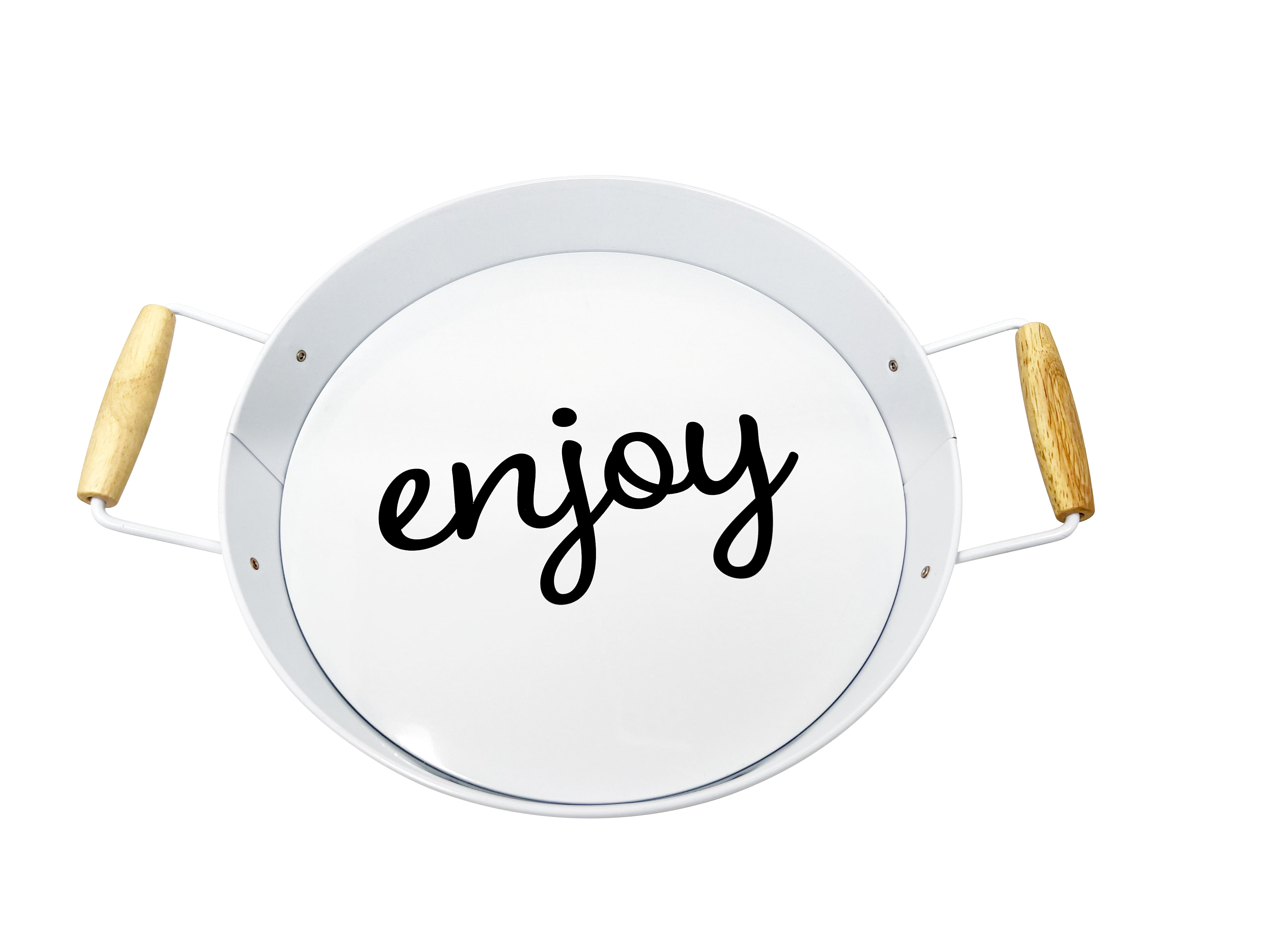 White Round Metal Tray with Wooden Handle, Modern Industrial Style ...