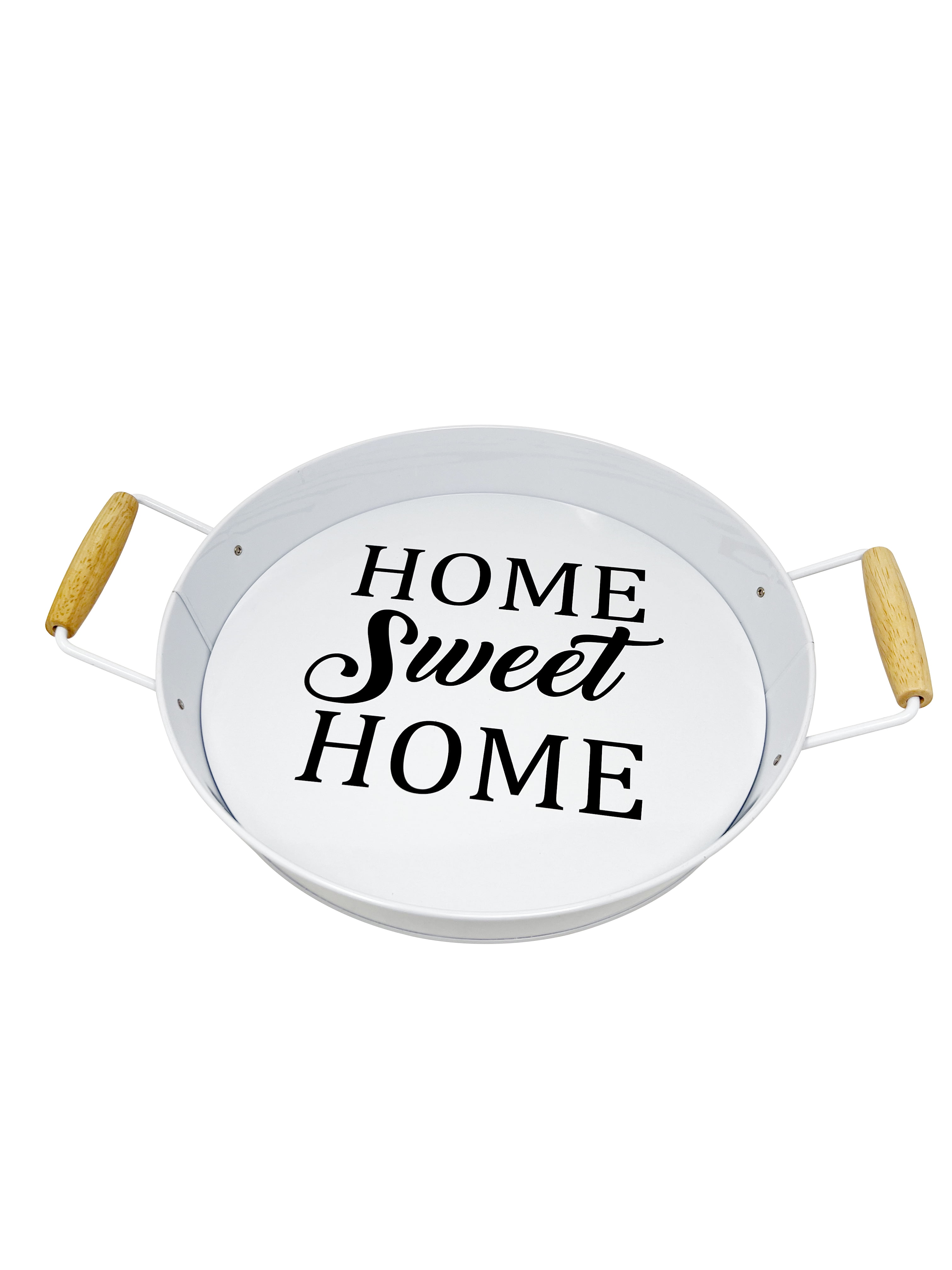 White Round Metal Tray with Wooden Handle, Modern Industrial Style ...