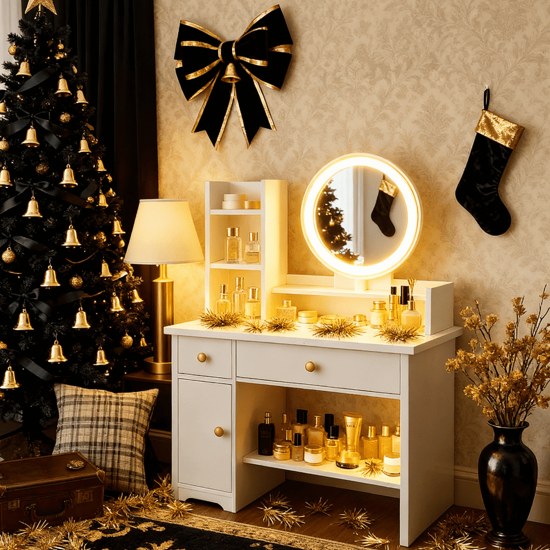 White Round Mirror Dressing Table, With Compartments And 3 Drawers ...