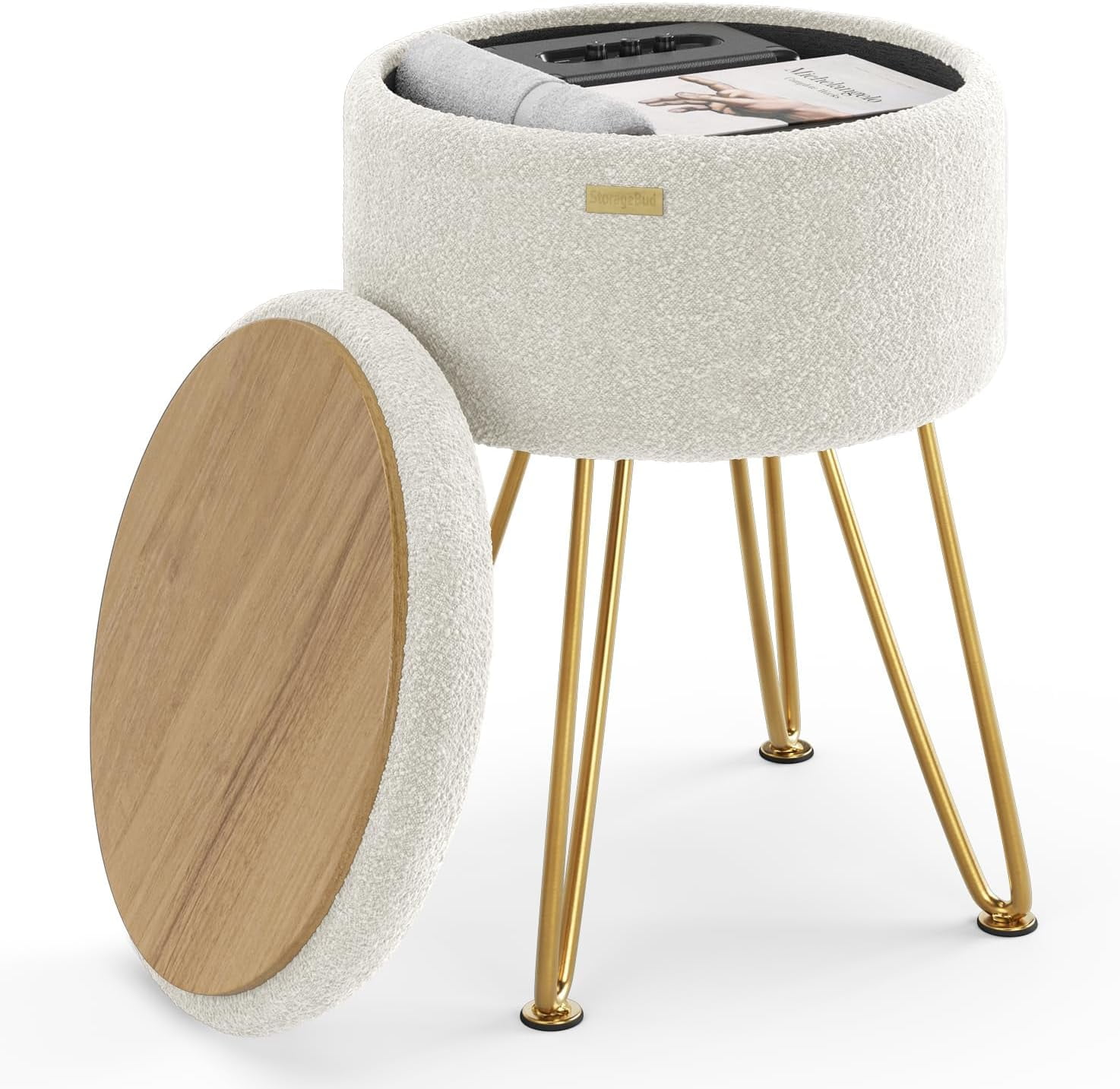 White Round Ottoman with Storage, Boucle Storage Ottoman, Foot Stool ...