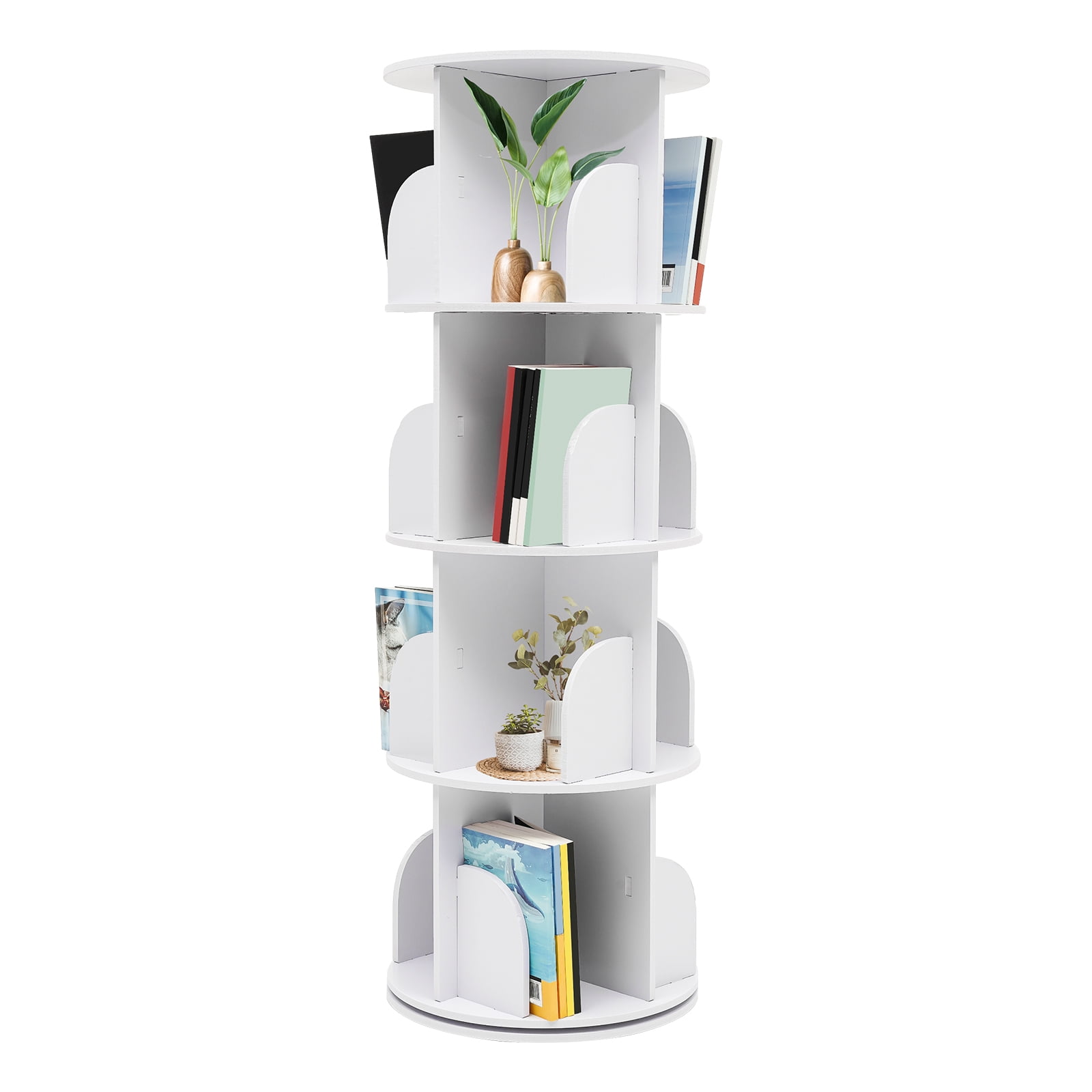 White 4 Tier 360° Rotating Bookshelf, Revolving Wood Bookcase for ...