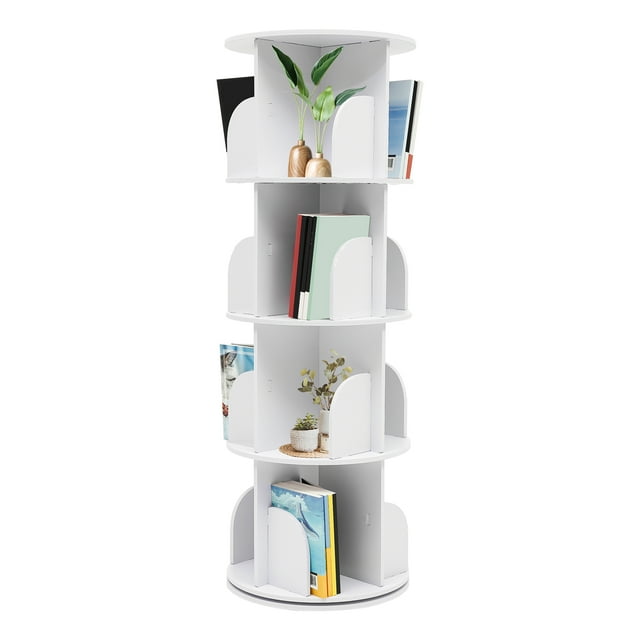 White 4 Tier 360° Rotating Bookshelf, Revolving Wood Bookcase for ...