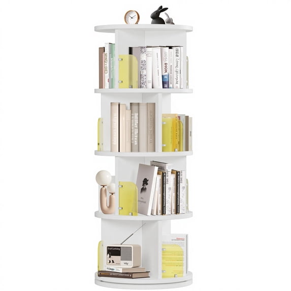 White-Round Rotating Bookshelf Tower 360° Revolving Round Bookcase ...