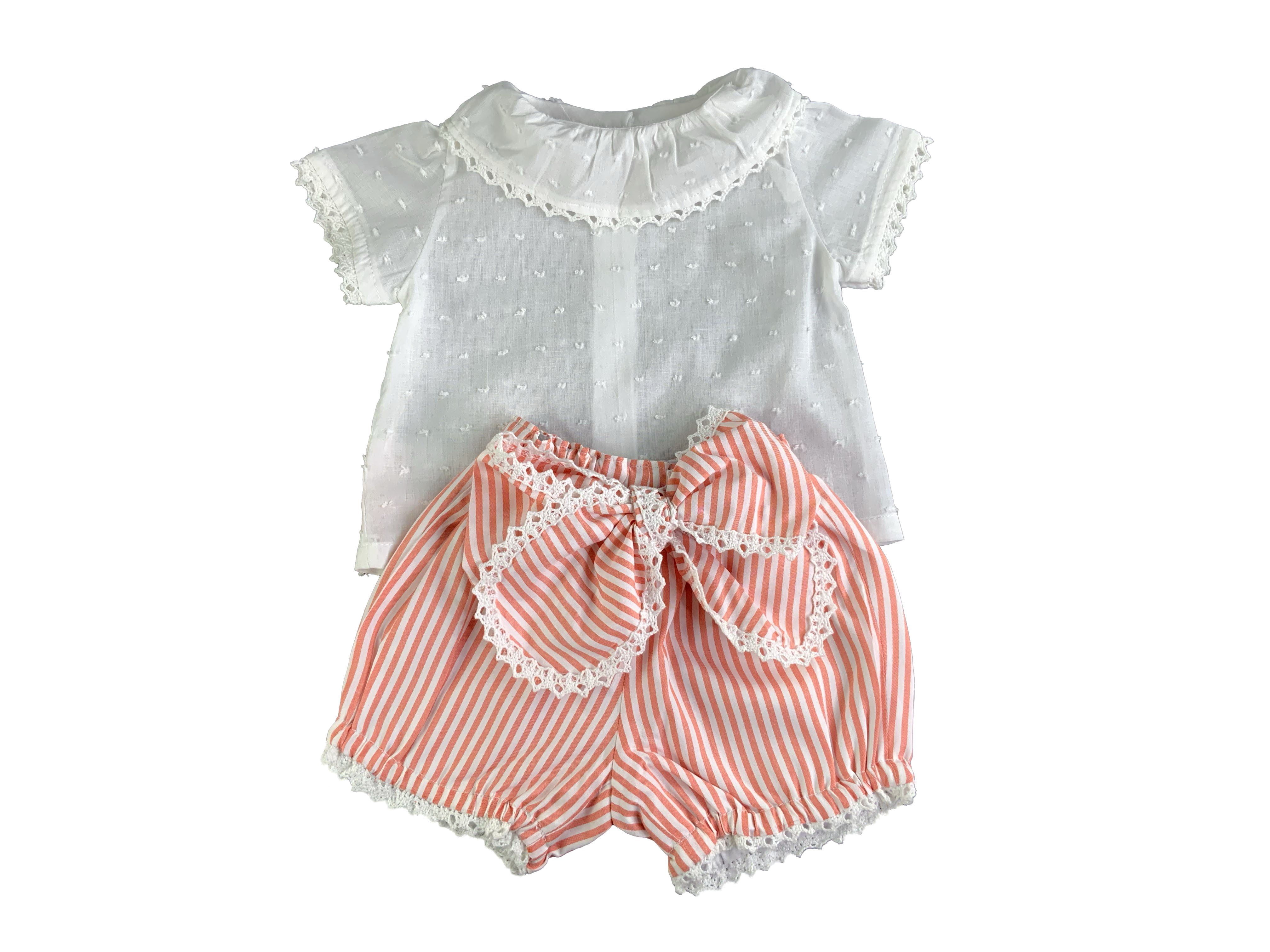 White Round Ruffled Collar Blouse and White-Coral Stripe Bubble Shorts ...