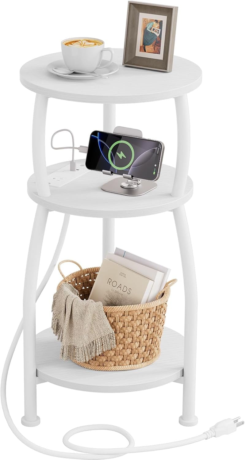 White Round Side Table with Power Outlet & USB Ports, 3-Tier End Table ...
