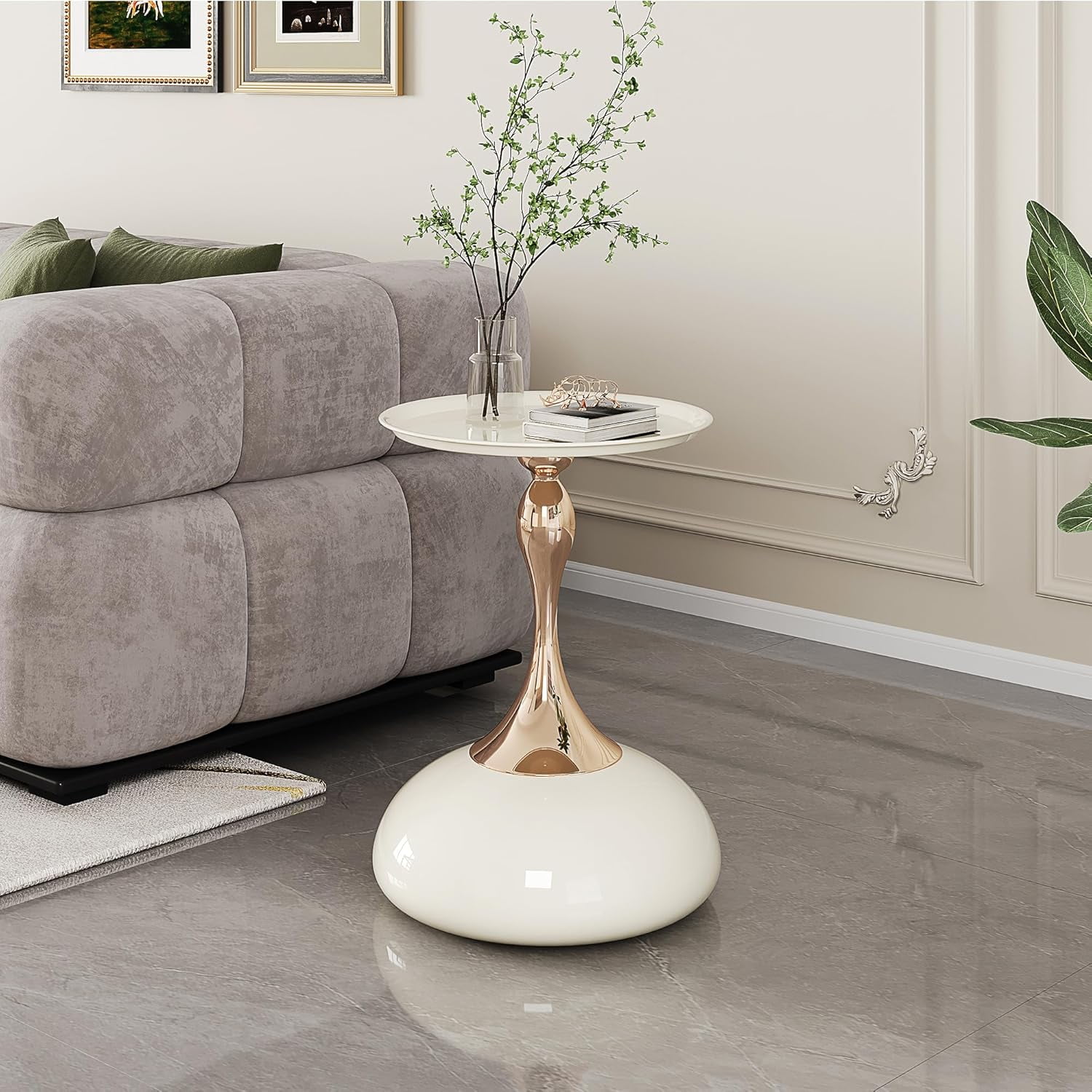 White Round Side Table for Small Spaces, Small End Table with Metal ...