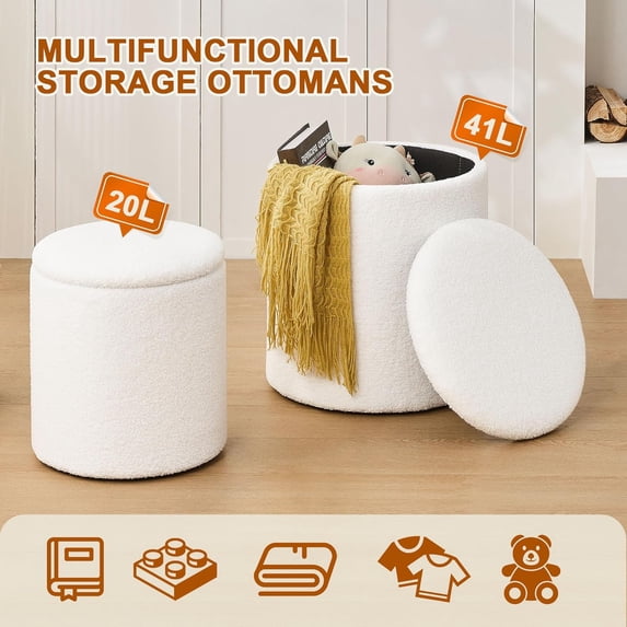 White Round Storage Ottoman Set of 2, Bouclé Teddy Upholstered Vanity ...