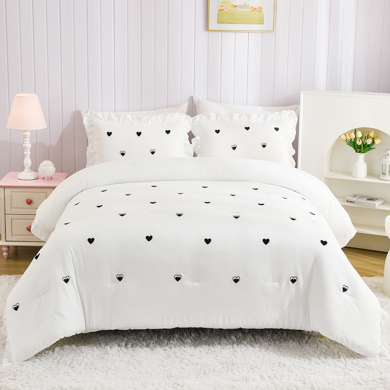 White Ruffle Comforter King Love Bedding Sets Love Heart Embroidery ...
