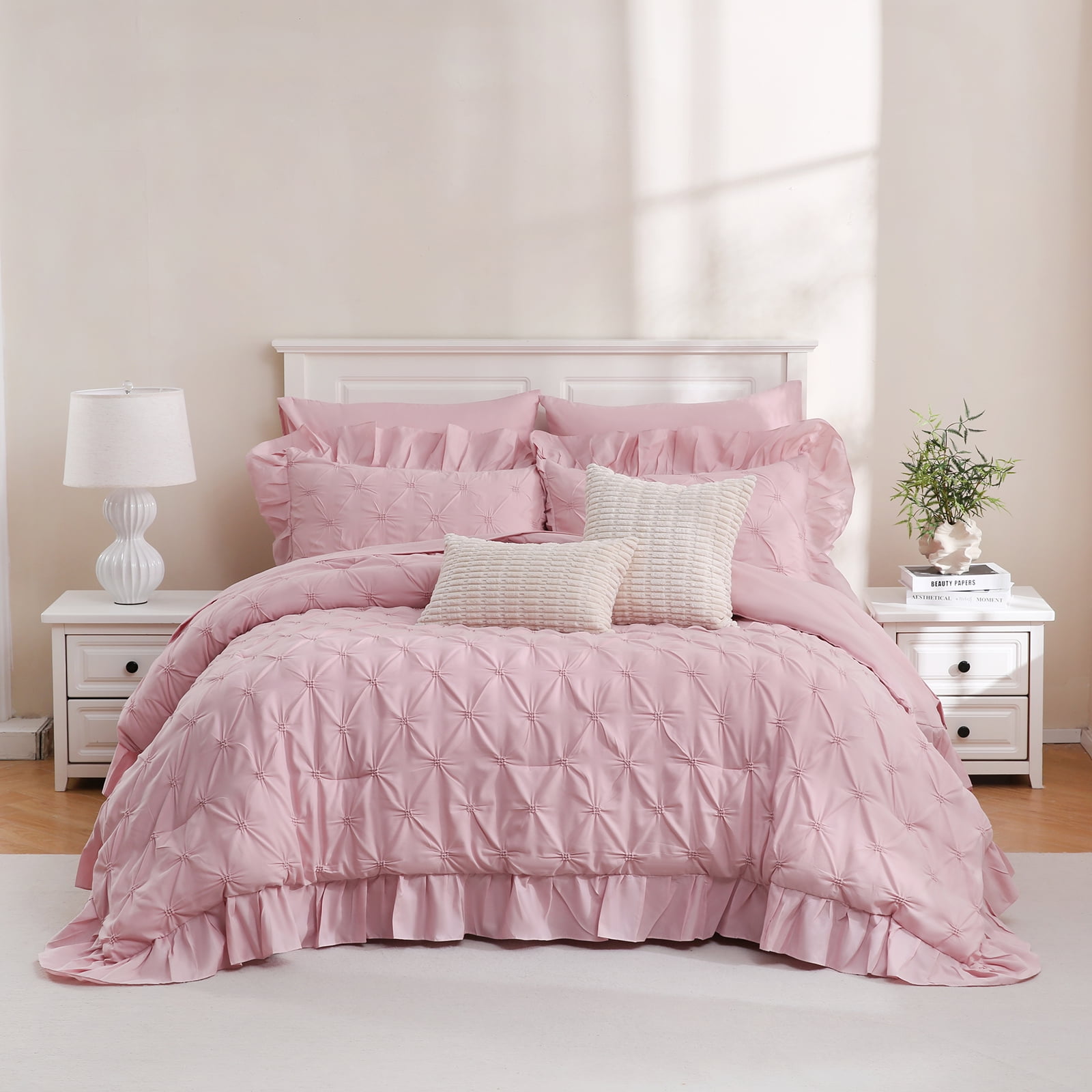 White Ruffle Comforter Set 10 Pieces Pintuck Bed in a Bag King Size ...
