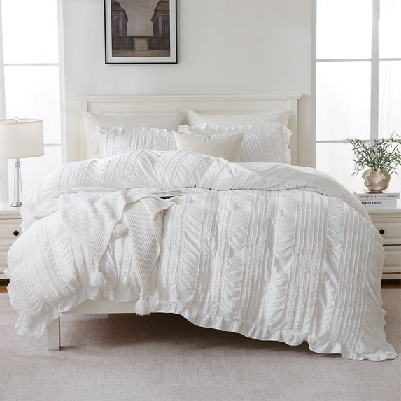 White Ruffle Comforter Set 3 Pieces Queen Size White Bedding Set ...