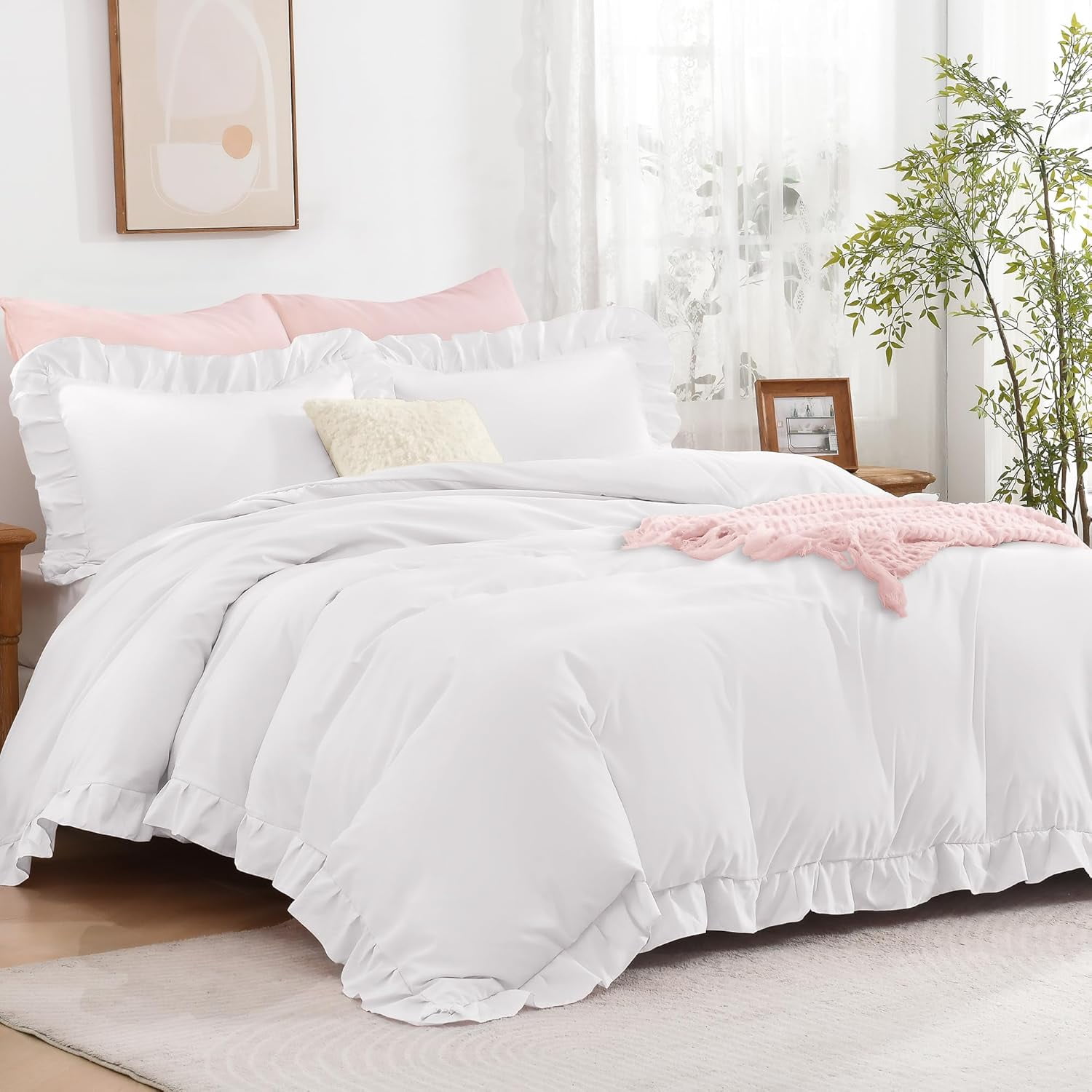 White Ruffle Duvet Cover King(90x90Inch), 3 Pieces Soft Washed ...