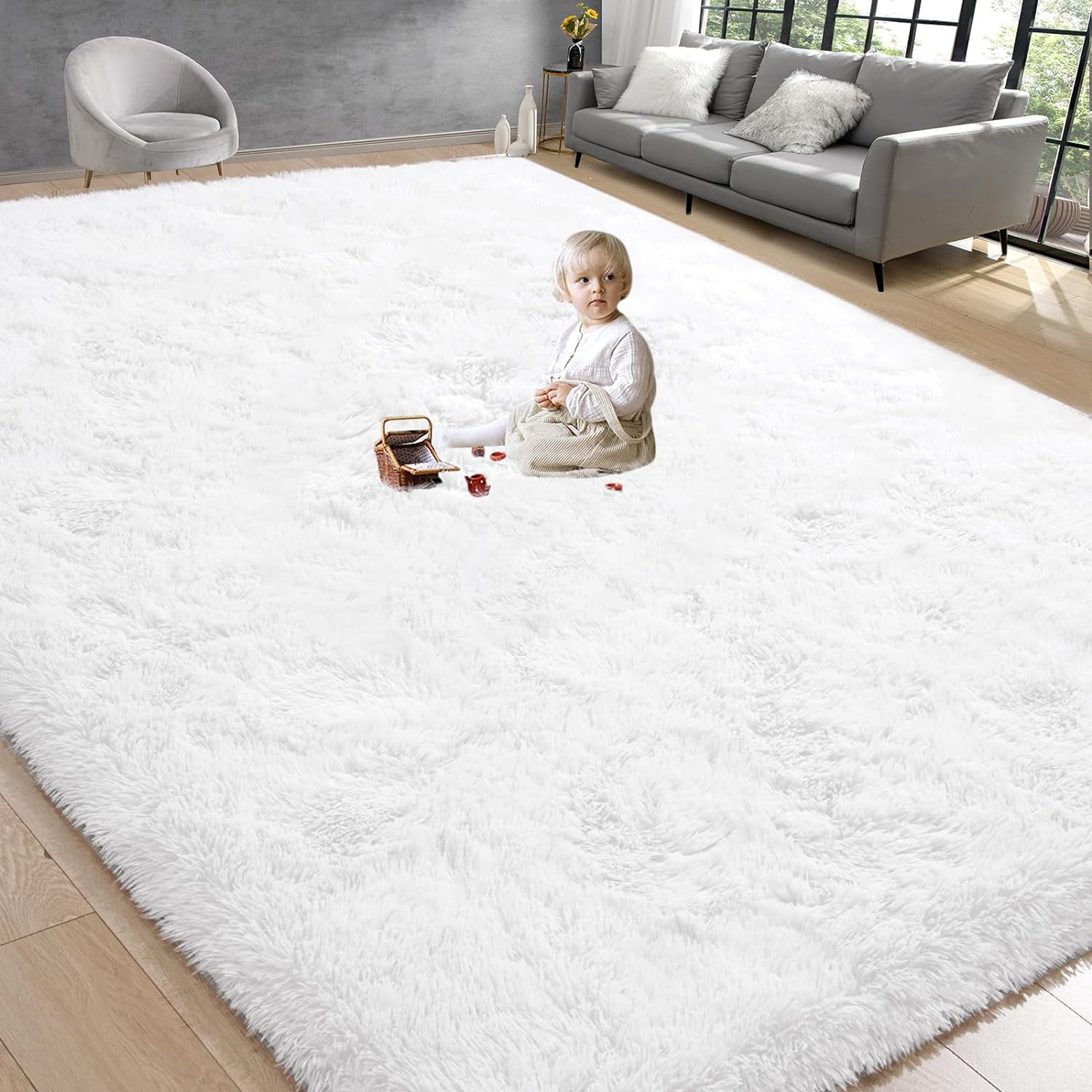 White Rug for Living Room, Super Large 8'X10' Soft Fluffy Shag Area Rug ...