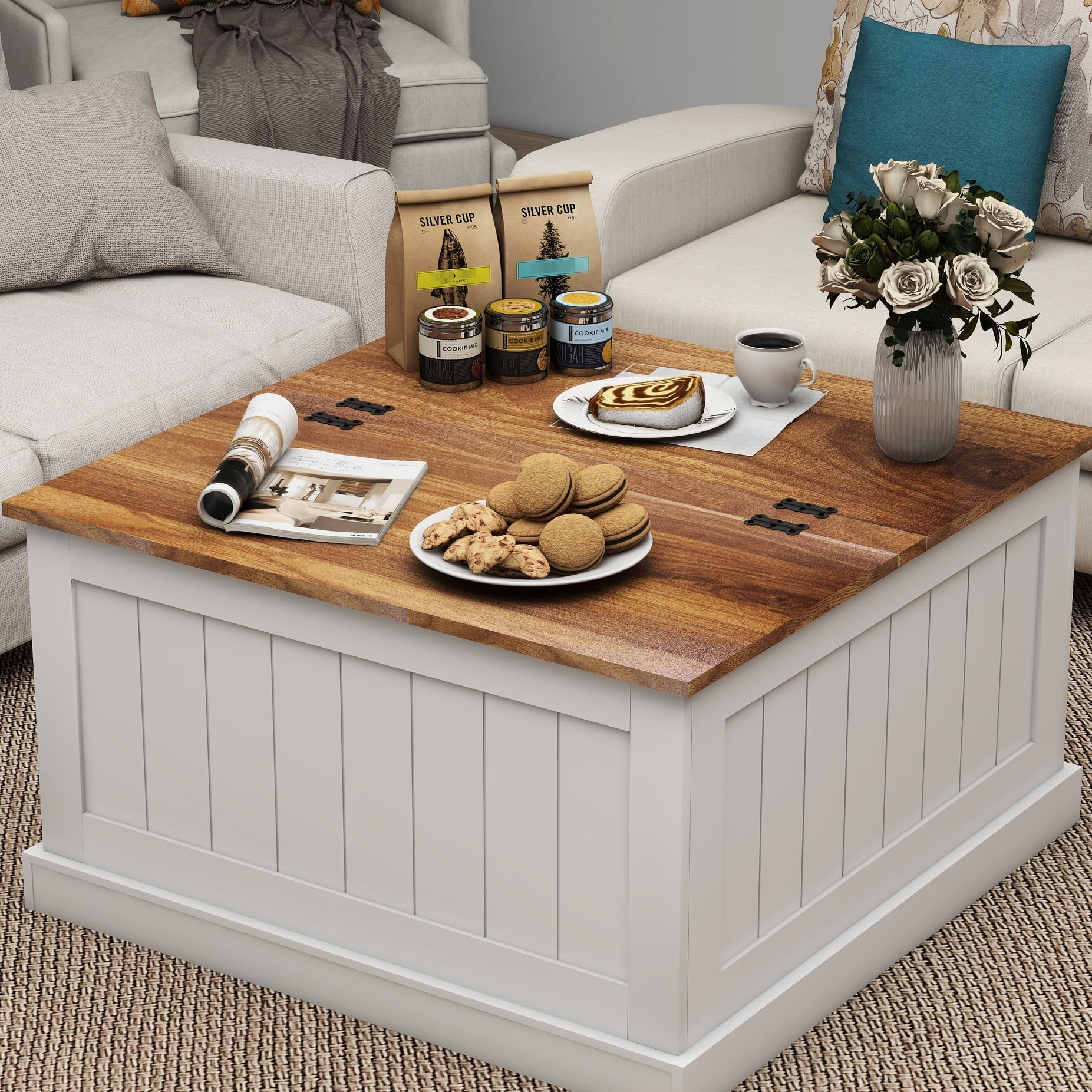 White Rustic Coffee Table, 31.5" Square. Lift Top Function. Living Room ...